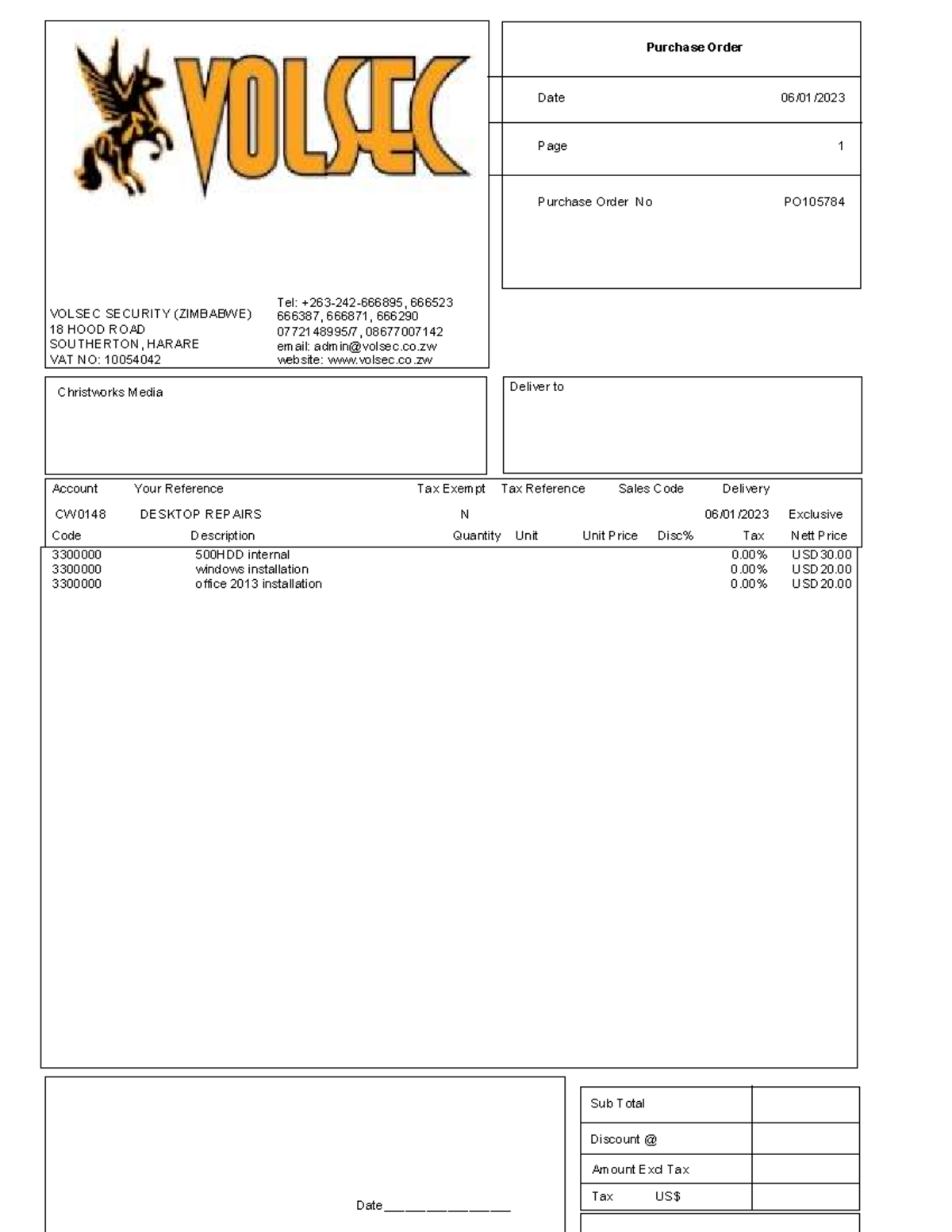 Chrisworks purchase order - Date Page Purchase Order No Deliver to ...