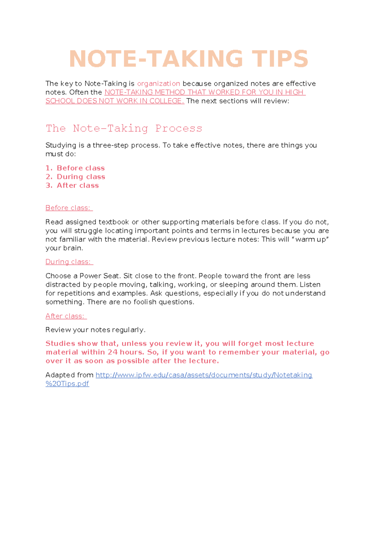 WORD1 - Document - NOTE-TAKING TIPS The key to Note-Taking is ...