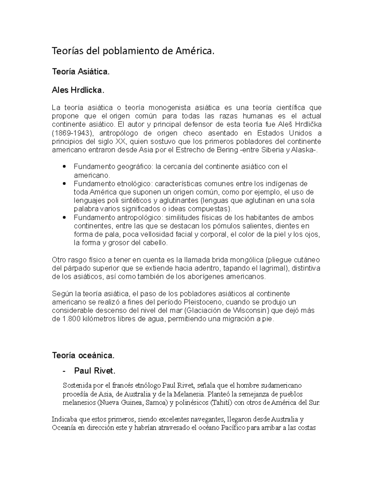 Teorías del poblamiento de América - Teoría Asiática. Ales Hrdlicka. La ...
