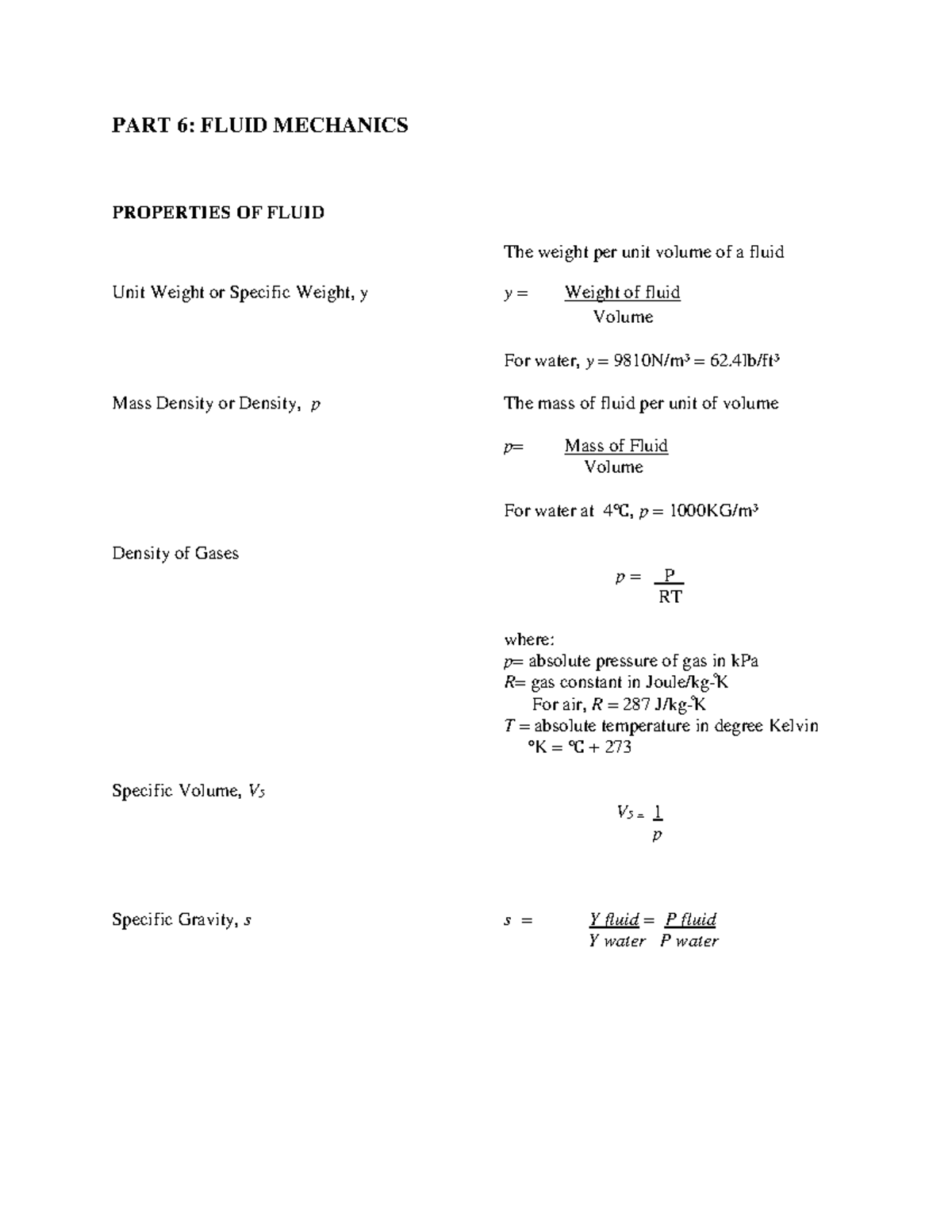 Pdfcoffee - Just notes - PART 6: FLUID MECHANICS PROPERTIES OF FLUID ...