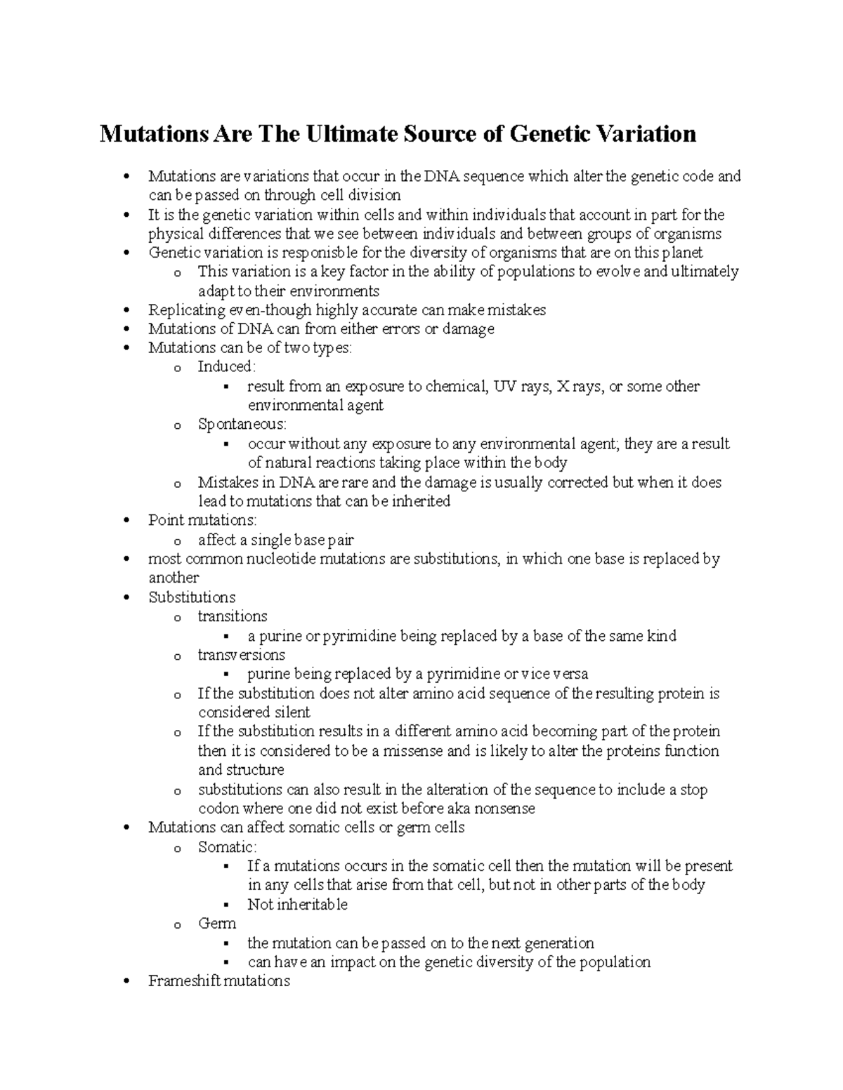 Mutations Are The Ultimate Source of Genetic Variation - Studocu