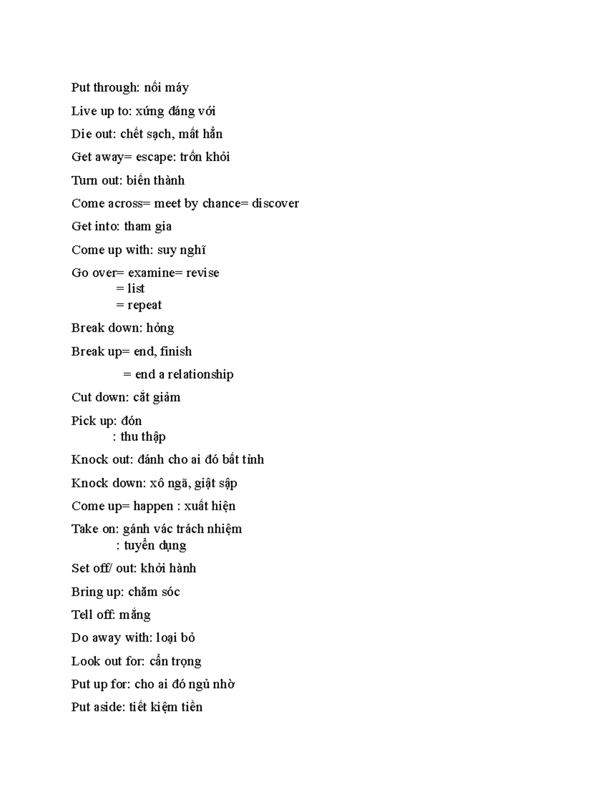 Phrasal verb - sdfghjm, - Put through: nối máy Live up to: xứng đáng ...