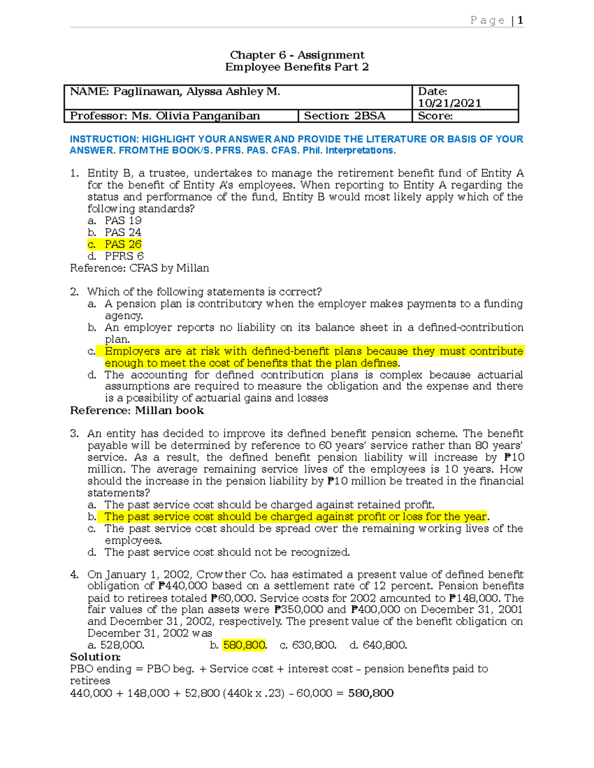 Paglinawan - HW Chapter 6 Employee Benefits PART 2 2021 - Chapter 6 - Assignment Employee ...