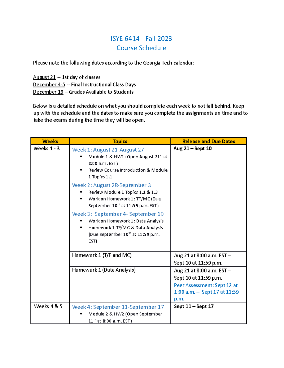 ISy E 6414 Course Schedule Fall 2023v2 - ISYE 6414 - Fall 2023 Course Schedule Please note the ...