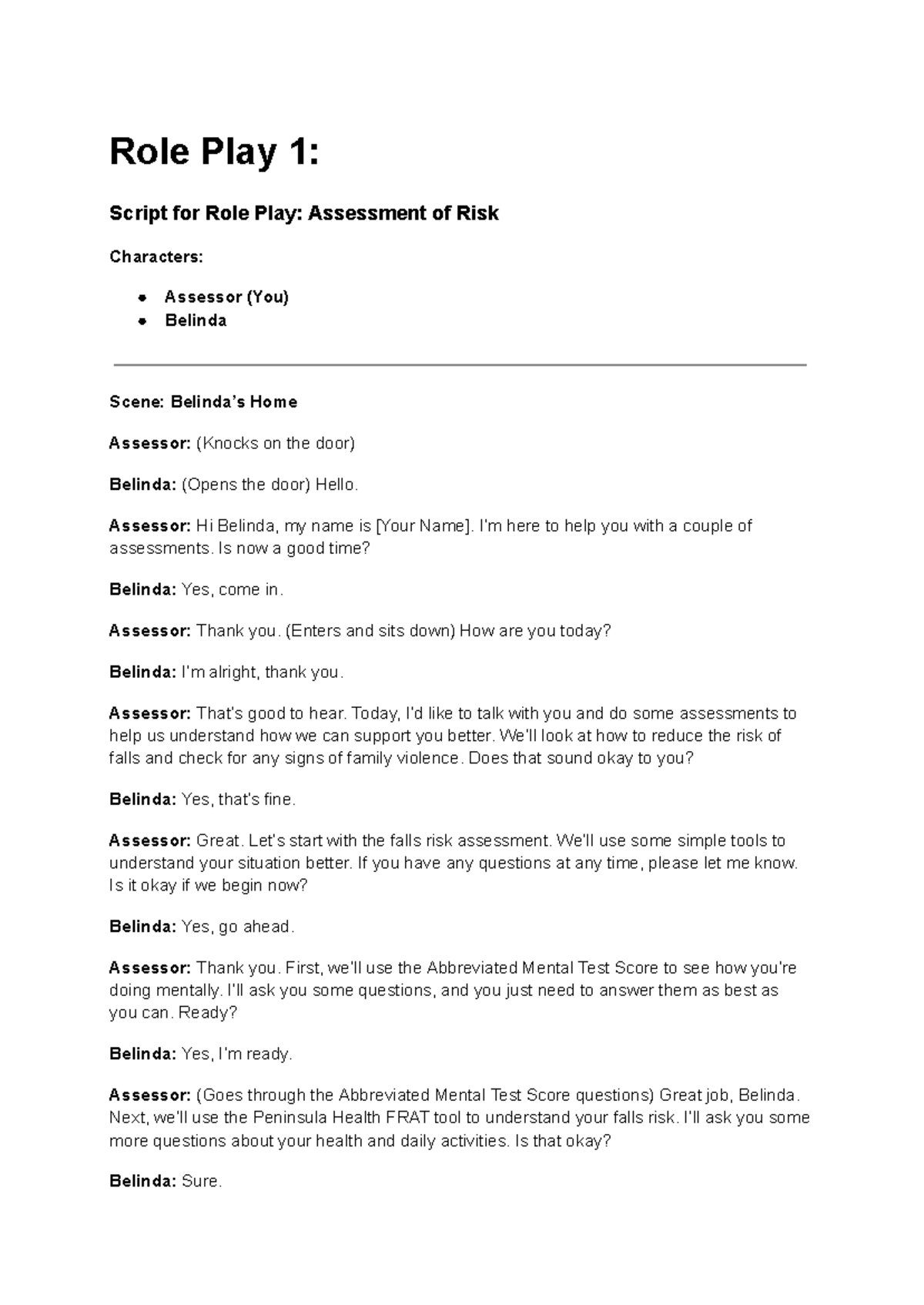 Role Play 1 - play role - Role Play 1: Script for Role Play: Assessment ...