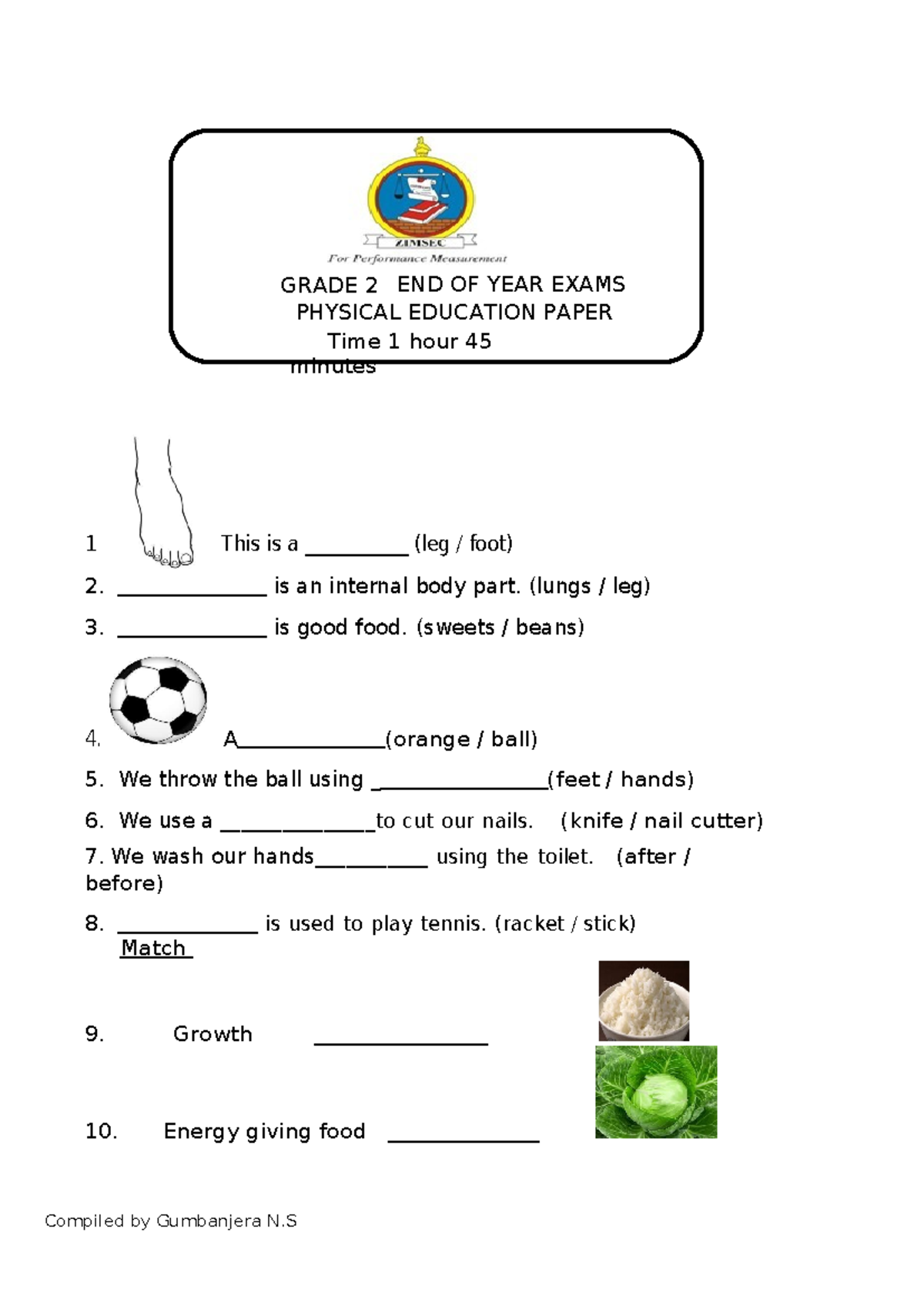 Grade 2 END OF YEAR P.E Paper 2022 - 1 This is a ___________ (leg ...