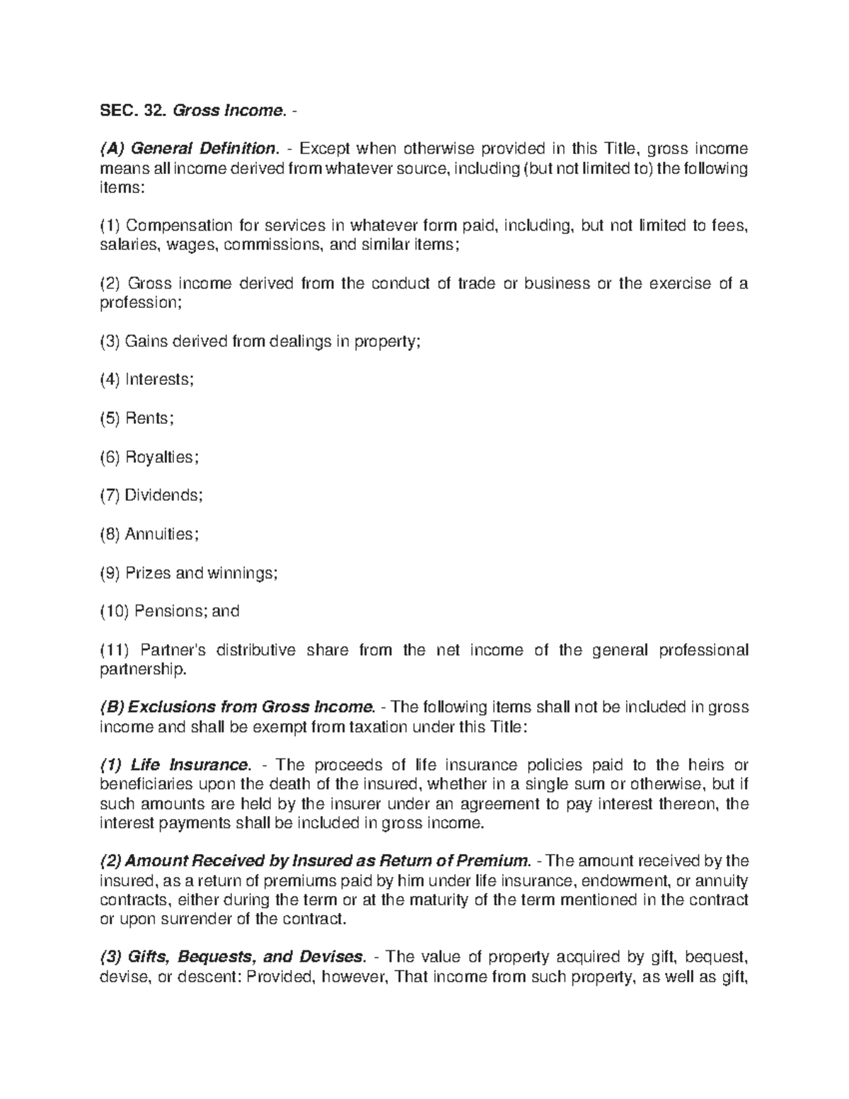Sec. 32 (Computation of Gross Income) - SEC. 32. Gross Income. - (A ...