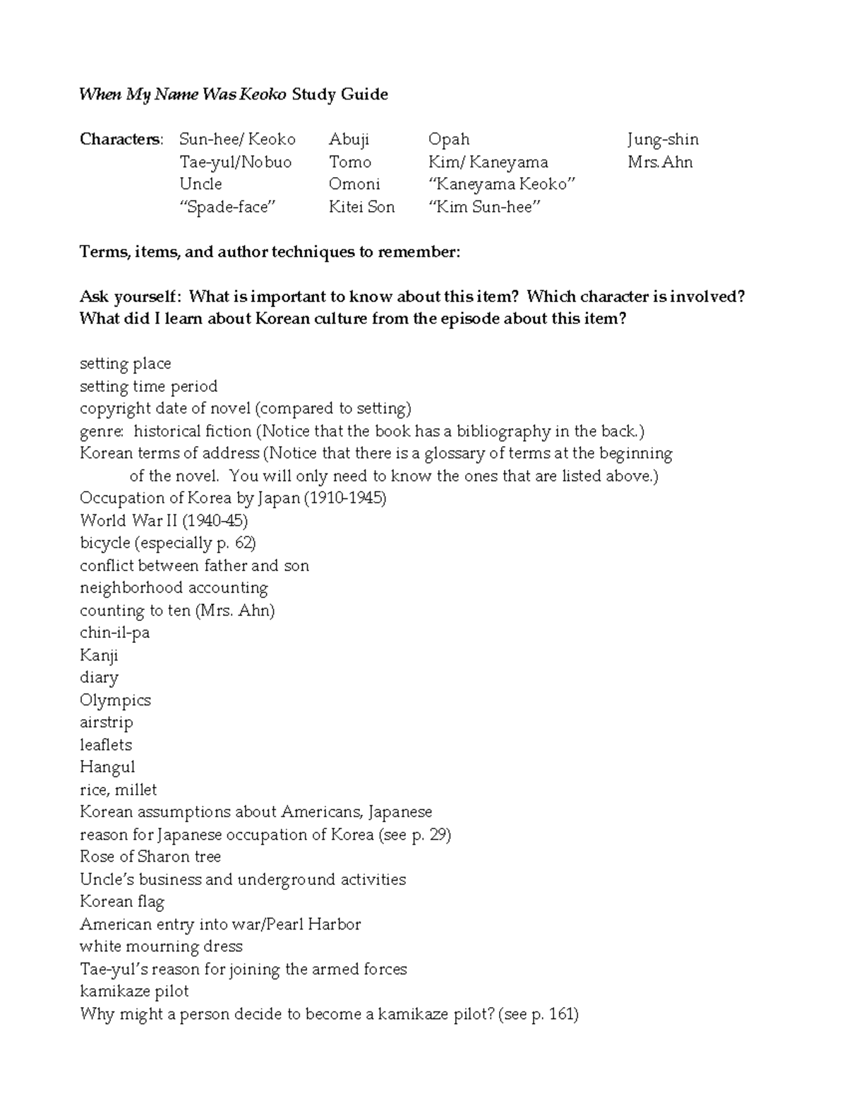 Keoko study guide - When My Name Was Keoko Study Guide Characters: Sun ...