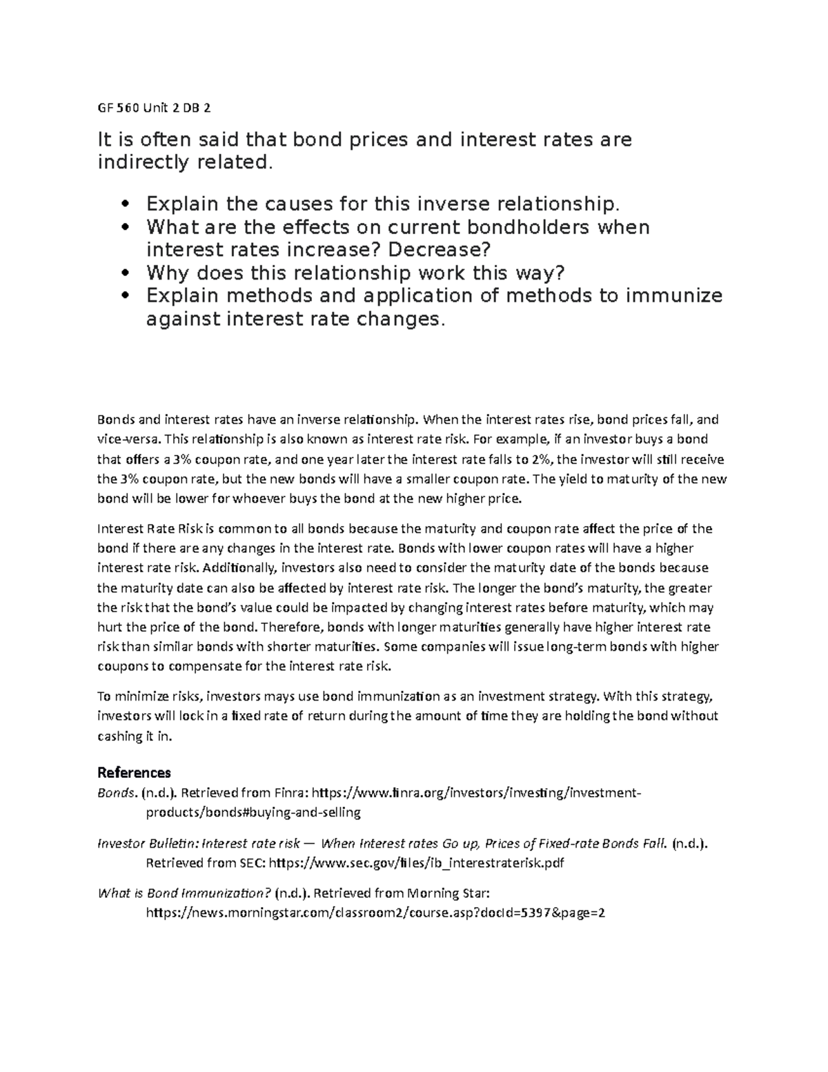 GF 560 Unit 2 DB 1 - Unit 2 DB 1 - GF 560 Unit 2 DB 2 It is often said that bond prices and ...
