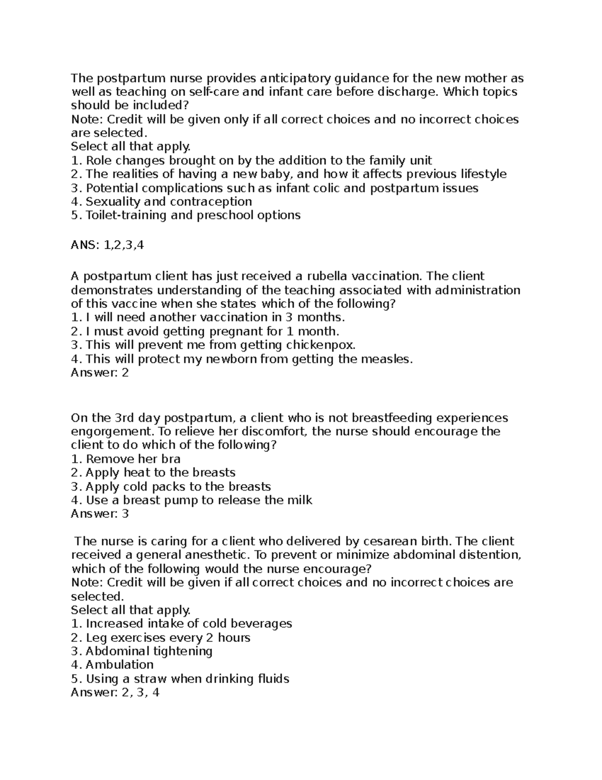 EXAM 2 OB Questions - The postpartum nurse provides anticipatory ...
