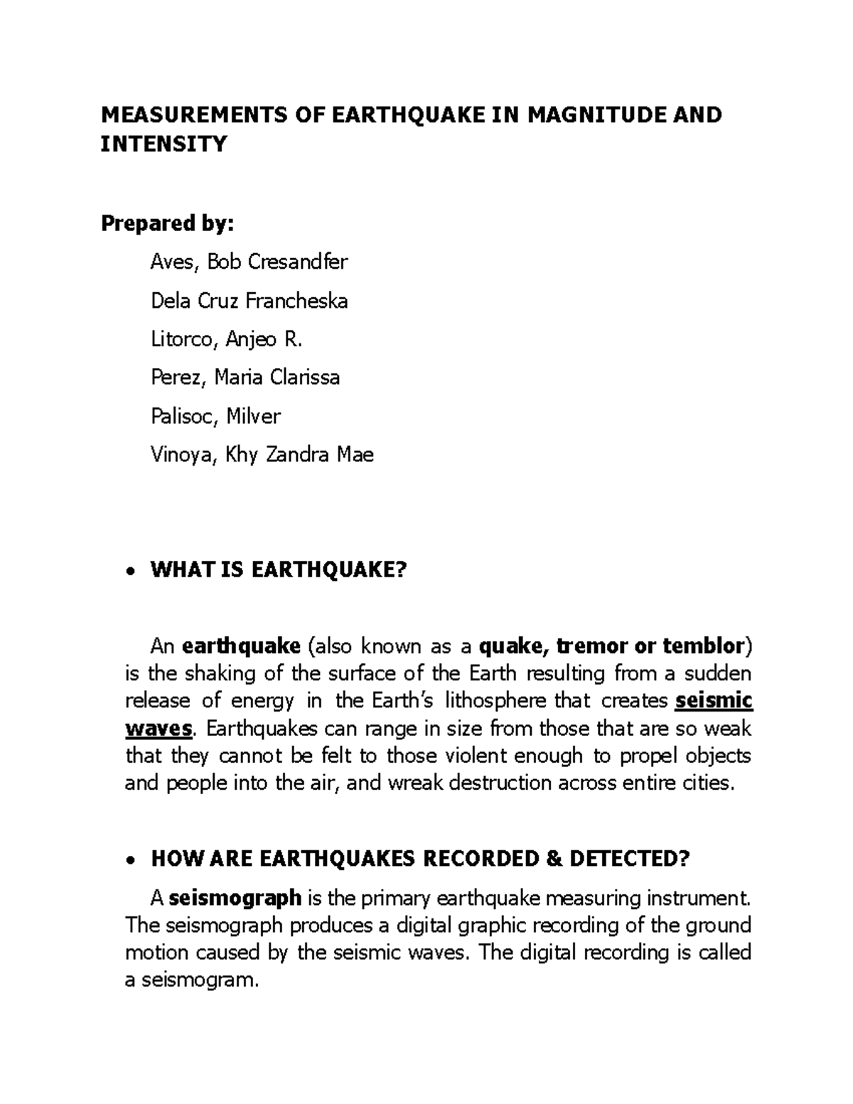 Measurements OF Earthquake - MEASUREMENTS OF EARTHQUAKE IN MAGNITUDE ...