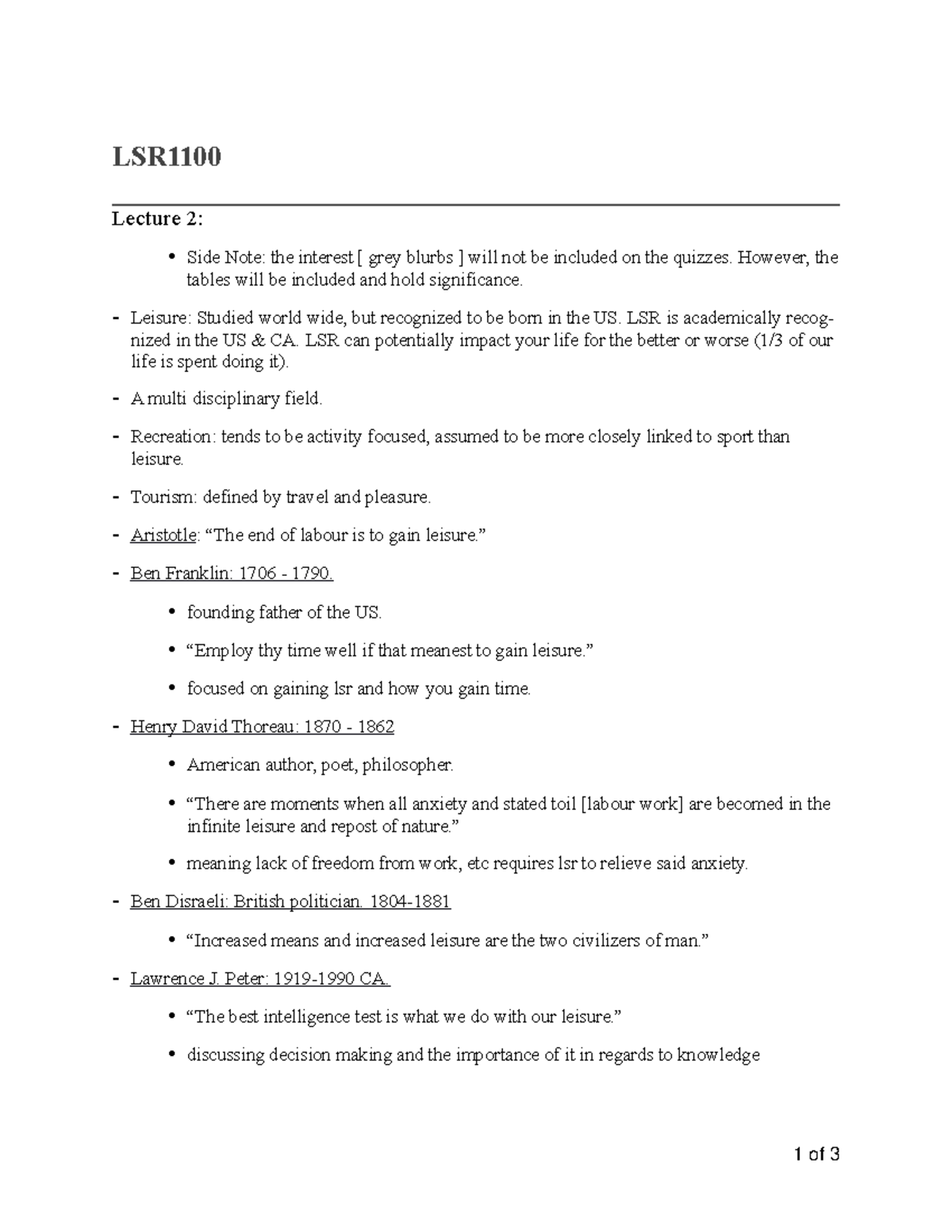 Introduction to Leisure Studies - Lecture notes - LSR - Lecture notes ...