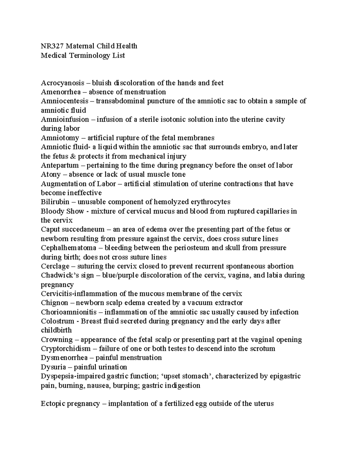 OB Medical Terminology Terms 2020 - NR327 Maternal Child Health Medical ...