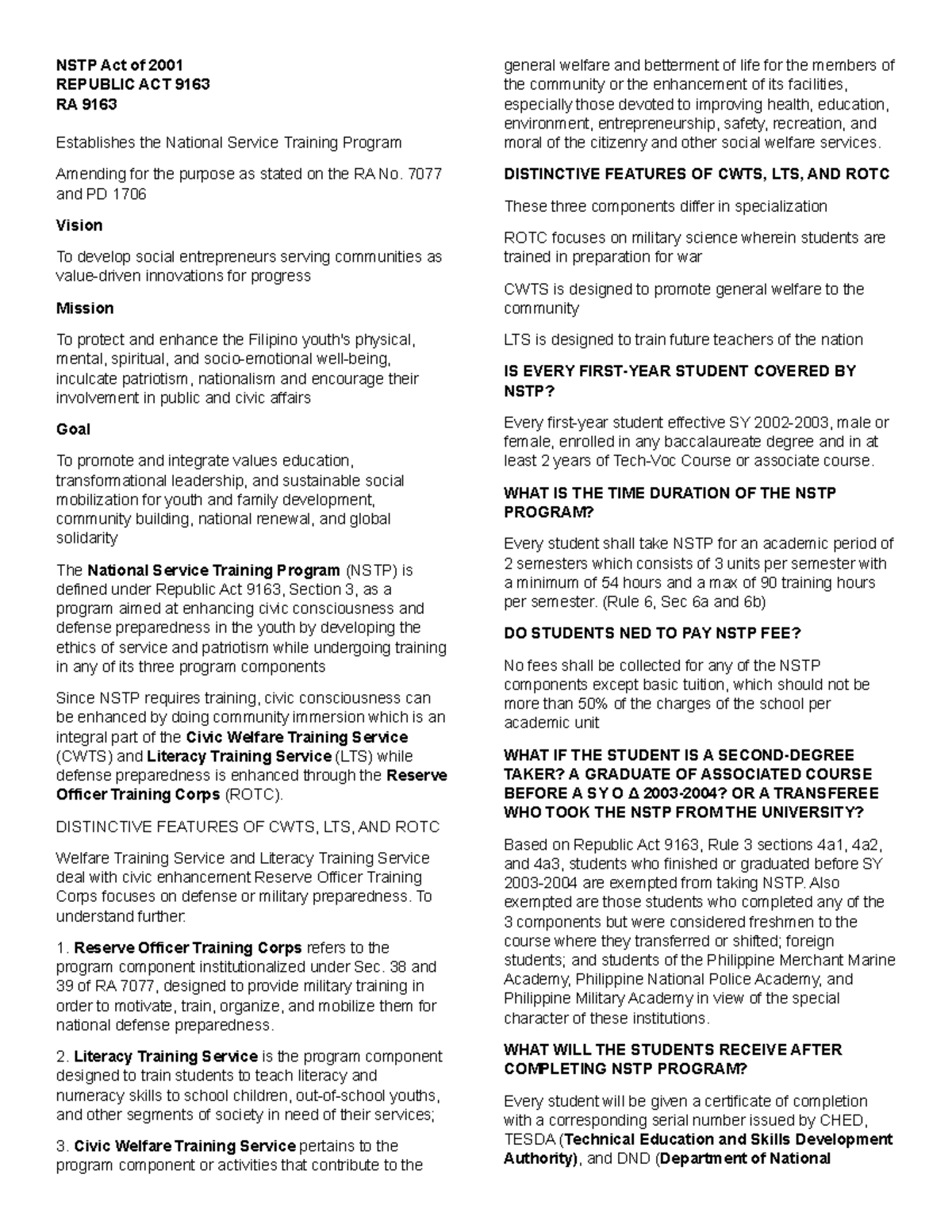 NSTP1 - About National Service Training Program - NSTP Act of 2001 ...