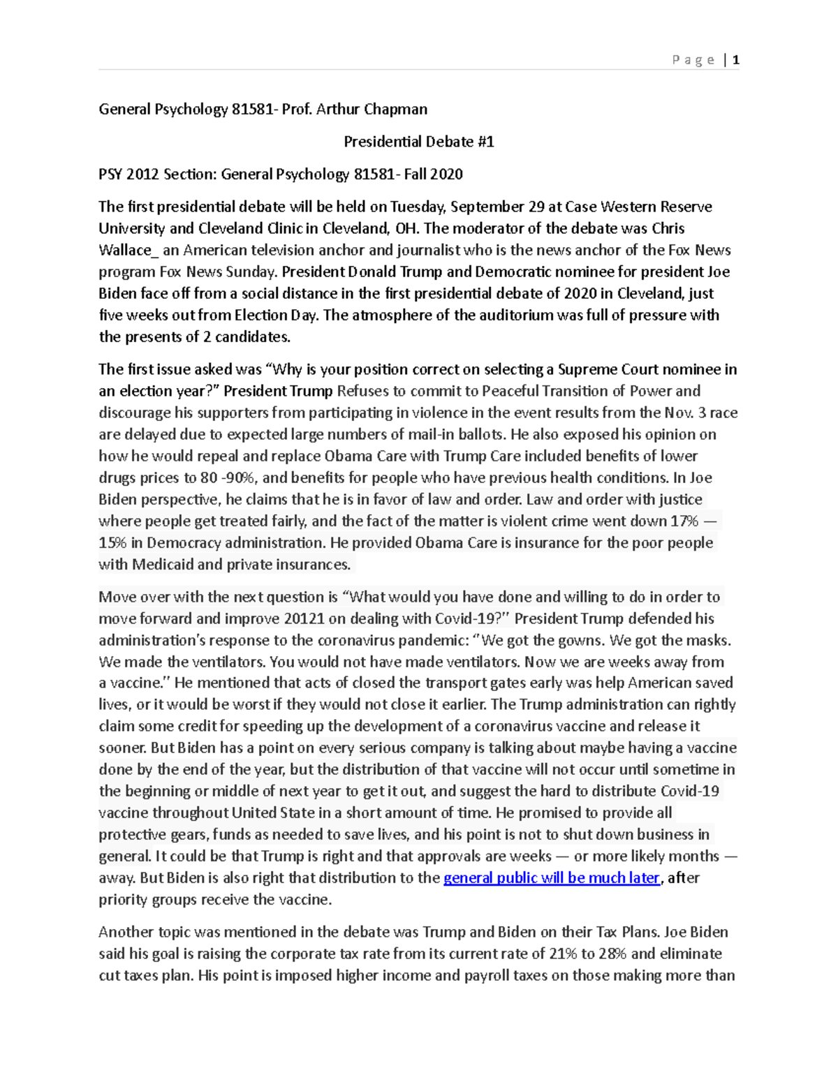 Debate 1 - essay - P a g e | 1 General Psychology 81581- Prof. Arthur ...