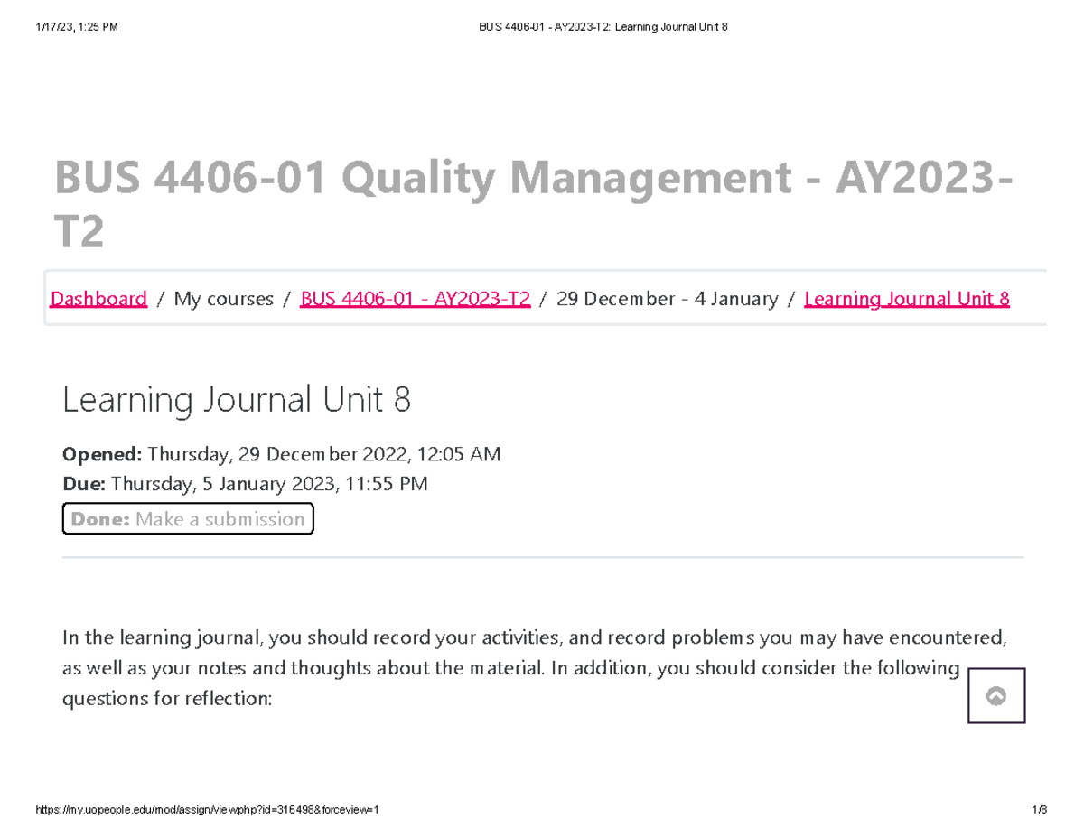 BUS-4406-01-AY2023-T2 -Learning-Journal-Unit-8 - BUS 4406-01 Quality Management - AY2023- T ...