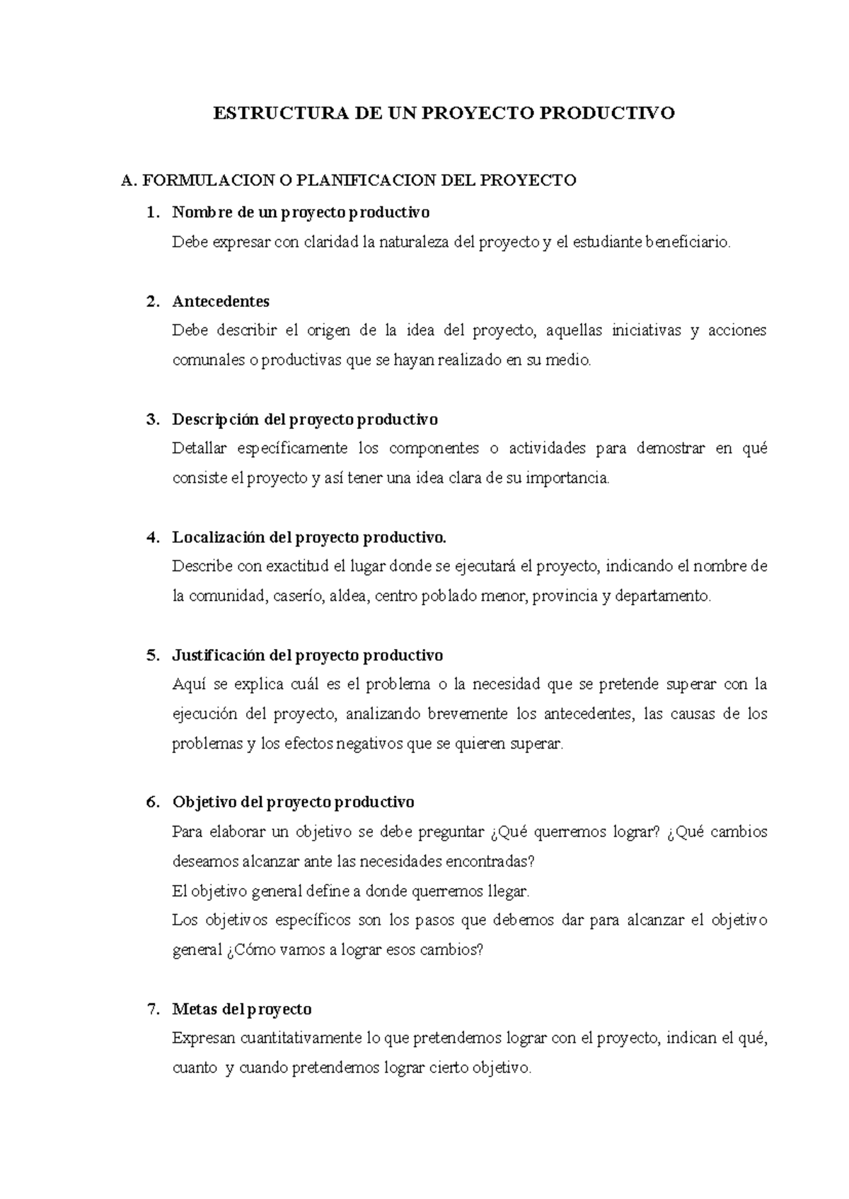 Estructura DE UN Proyecto Productivo - ESTRUCTURA DE UN PROYECTO ...