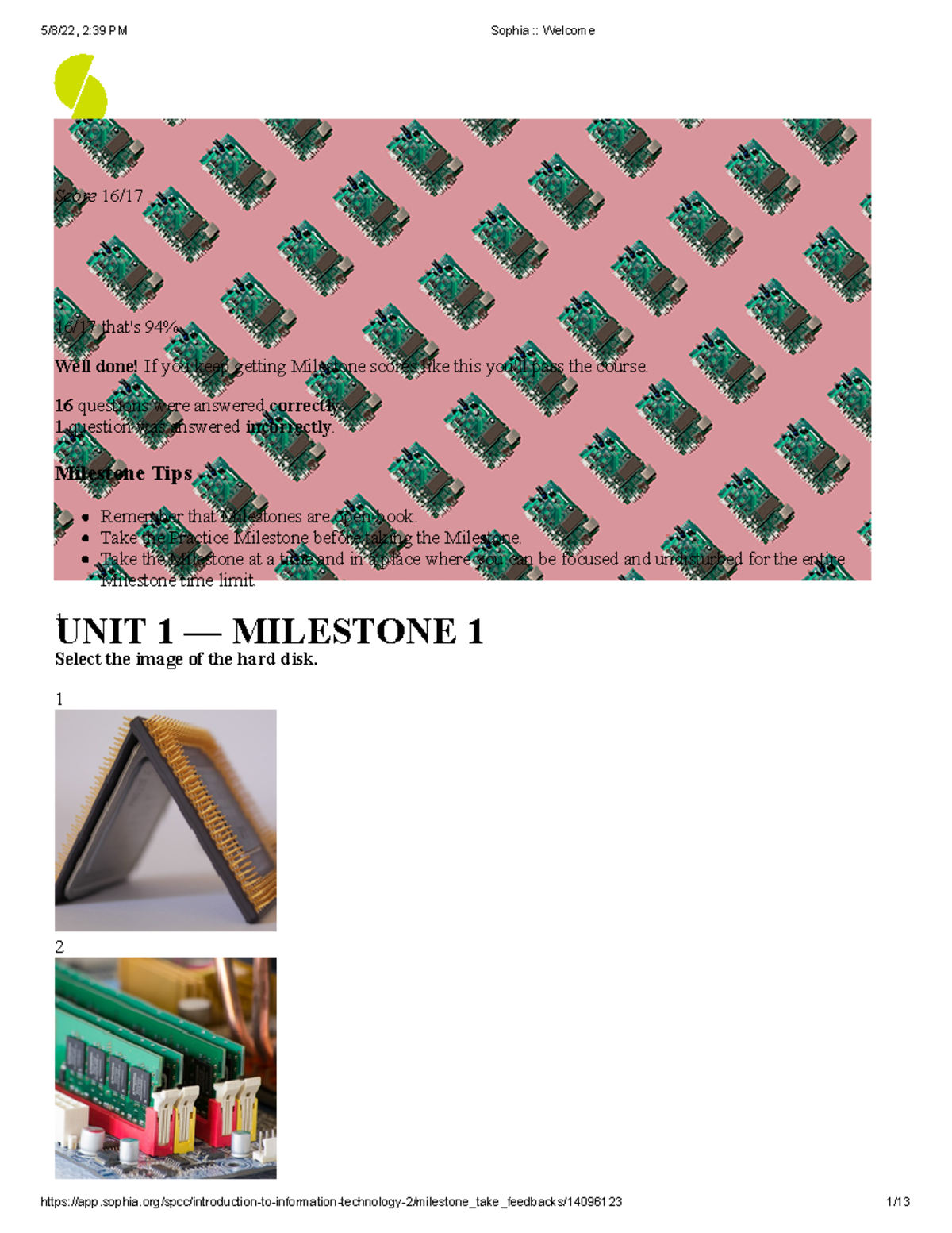 Sophia IT Milestone 1 - UNIT 1 — MILESTONE 1 Score 16/ 16/17 that's 94% ...