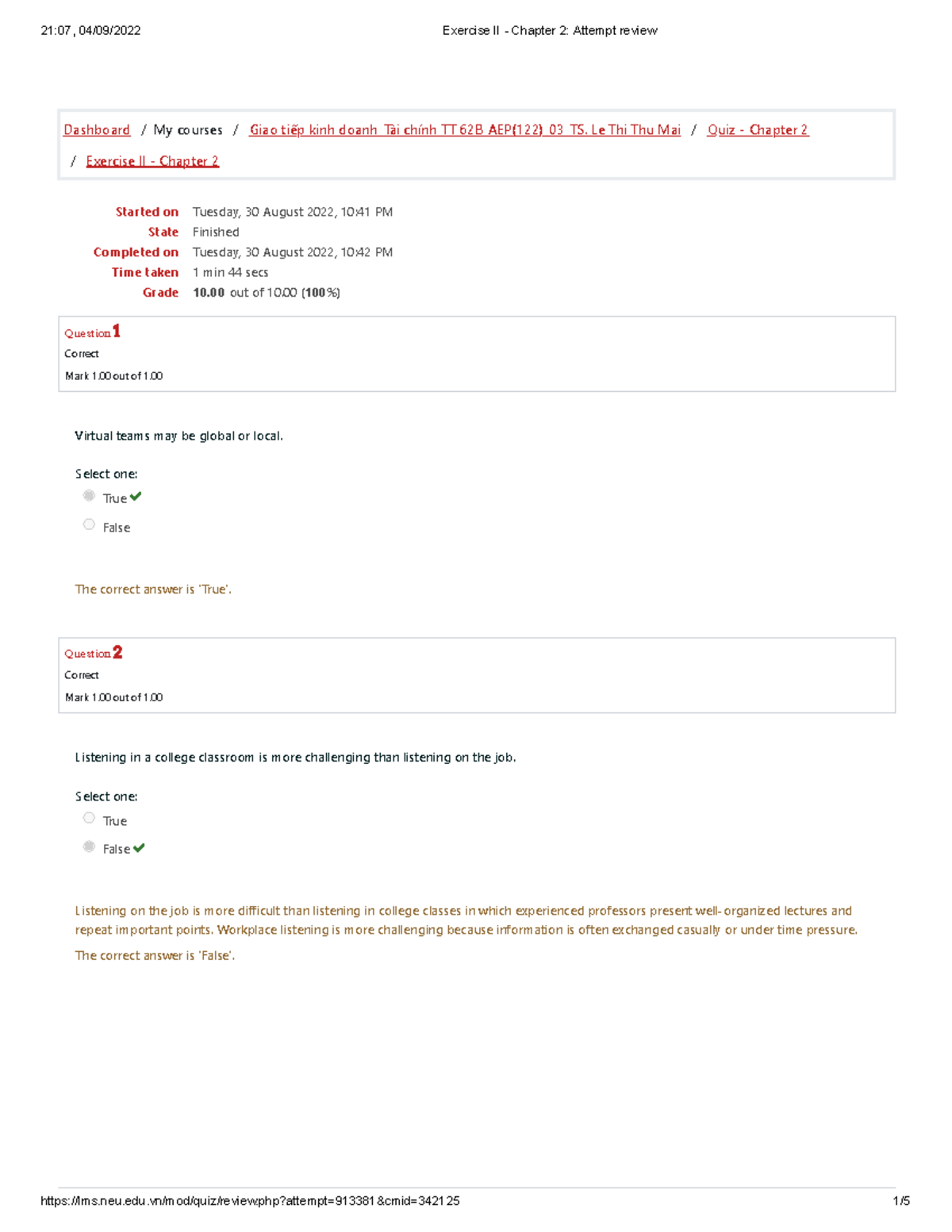 Exercise-II-Chapter-2 -Attempt-review - Dashboard /My courses / Giao tiếp kinh doanh_Tài chính ...