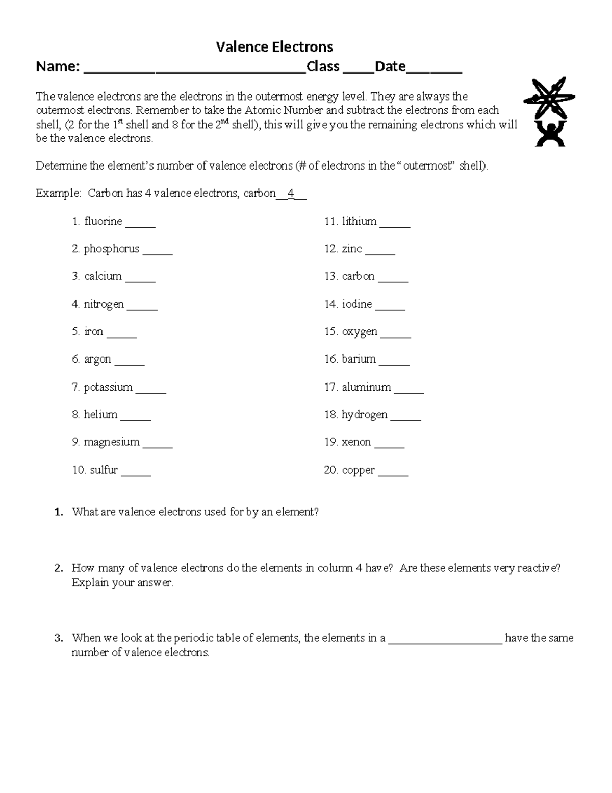 Valence Electron Practice Homework - Valence Electrons Name ...