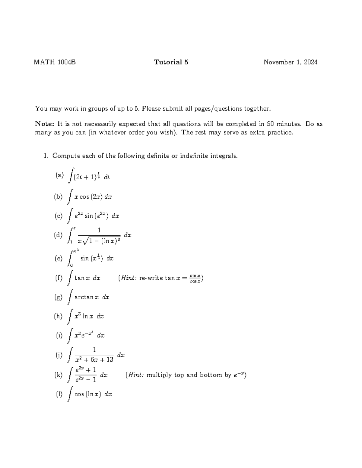 Tutorial 5 (Questions) - MATH 1004B Tutorial 5 November 1, 2024 You may ...