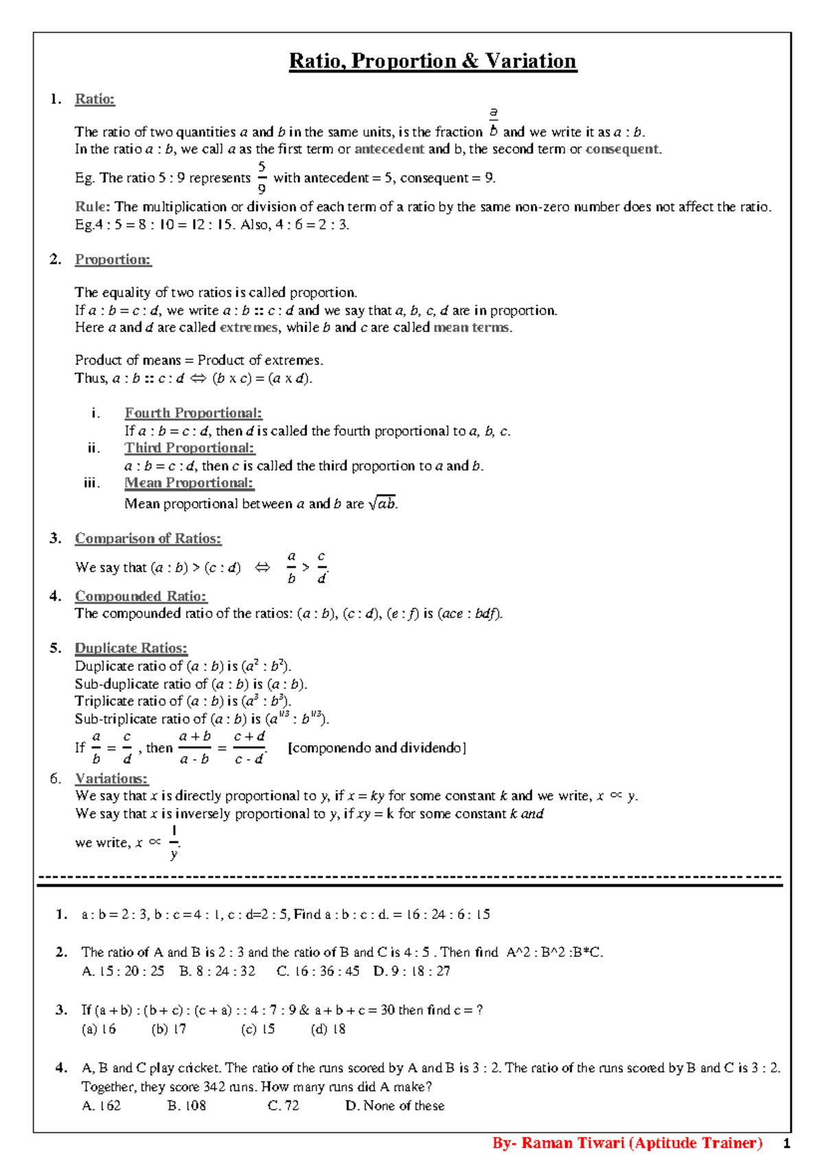 BBD Assignment 1 - Reasoning - Ratio, Proportion & Variation 1. Ratio: The ratio of two - Studocu