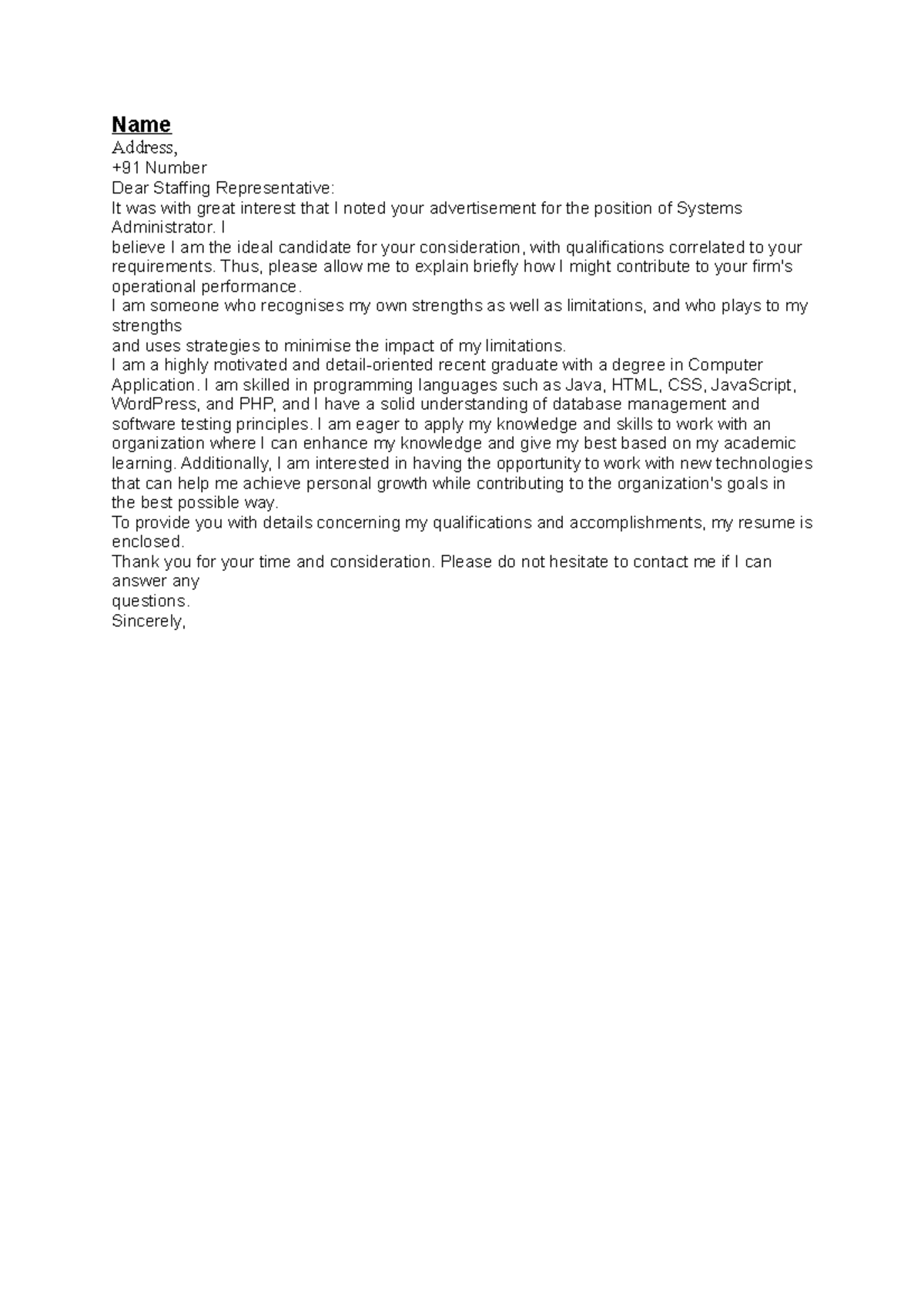 Cover letter - asdddddddddddddddddddddd - Name Address, +91 Number Dear ...