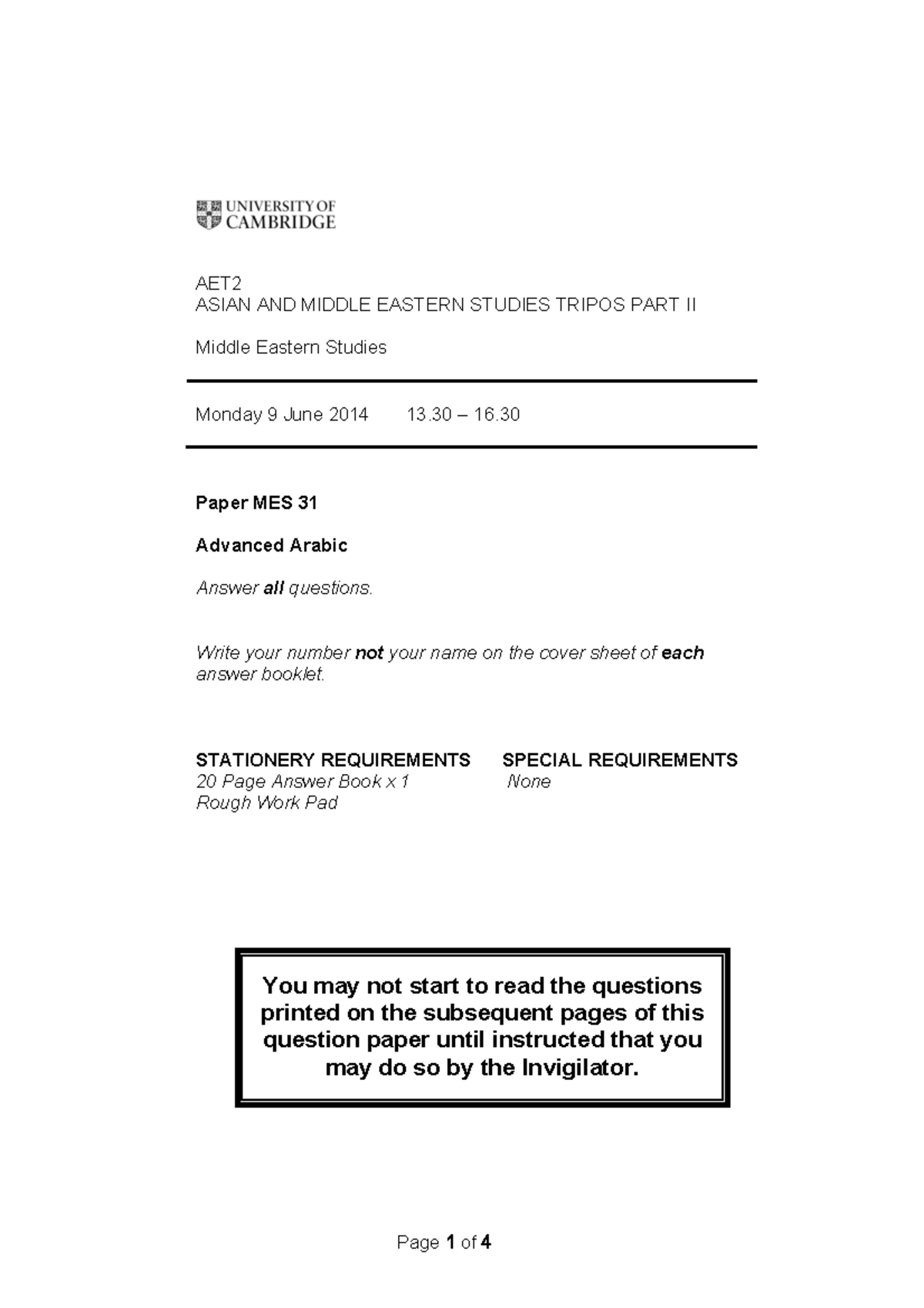 Exam 2014, questions - AET2 ASIAN AND MIDDLE EASTERN STUDIES TRIPOS PART II Middle Eastern ...