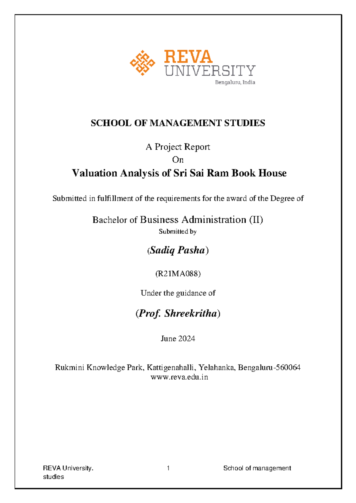 Sadiq pasha final project - REVA University. 1 School of management ...