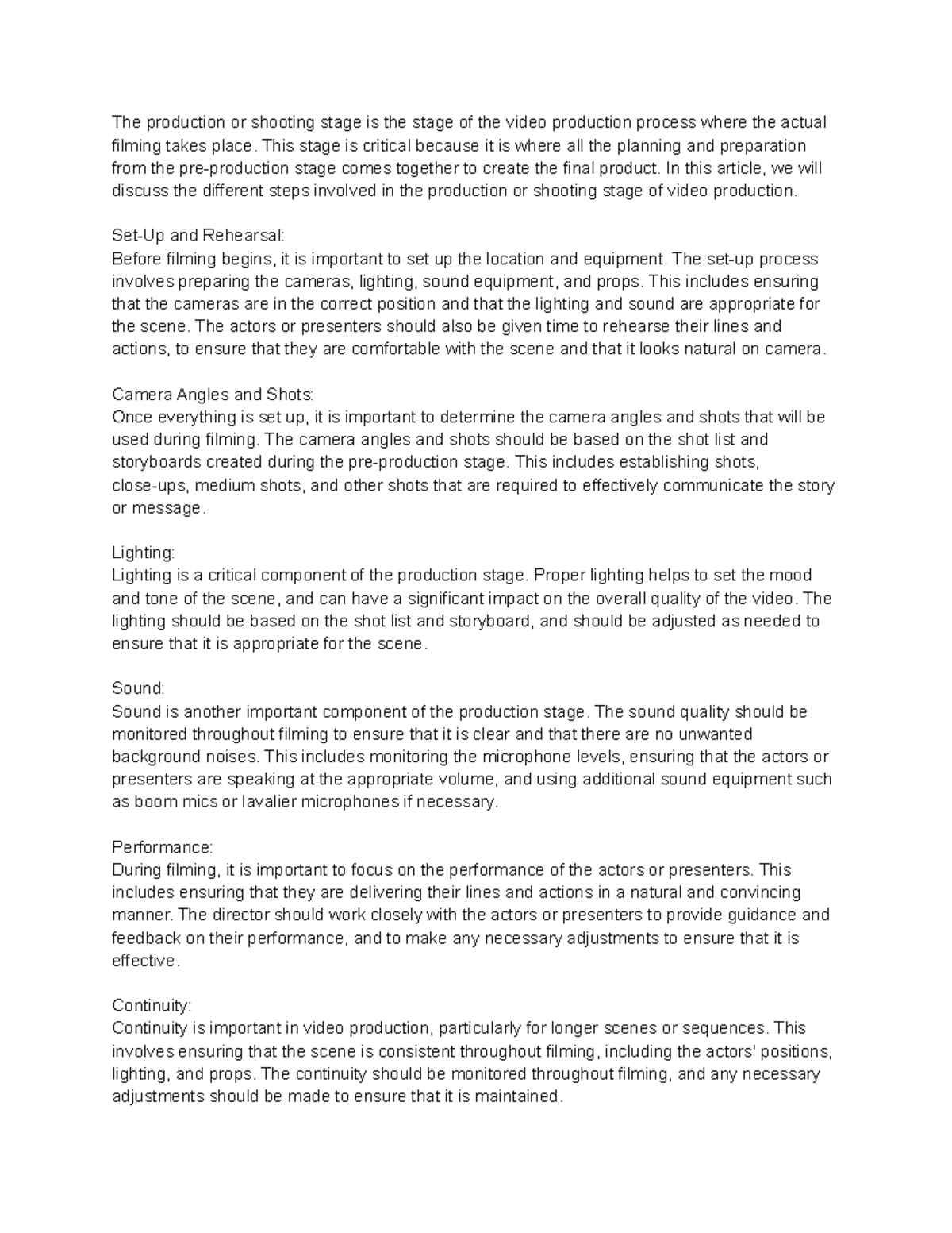 Video production process- shooting stage - The production or shooting ...