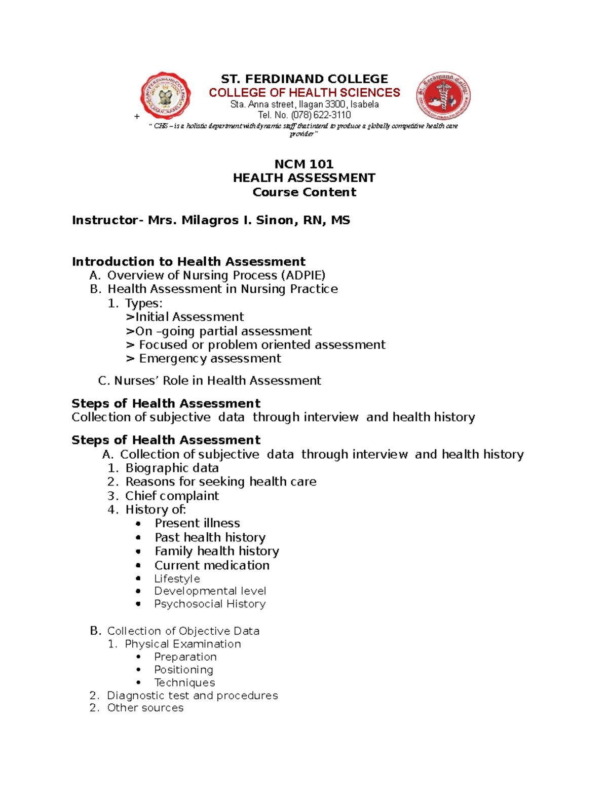 Health+Assessment+Course+Content+2022 - + ST. FERDINAND COLLEGE COLLEGE ...