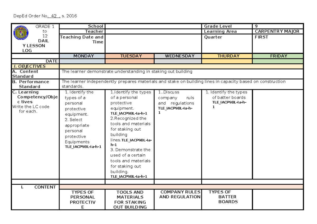 Dll first quarter carpentry - DepEd Order No. 42 , s. 2016 GRADE 1 to ...
