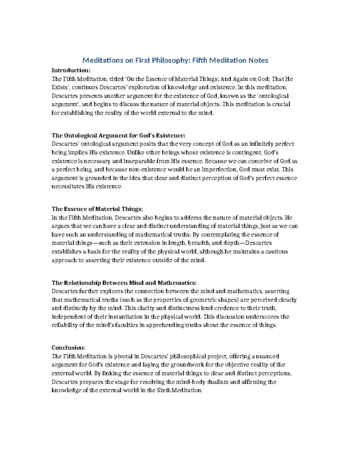 Descartes Fifth Meditation Notes - Meditations on First Philosophy ...