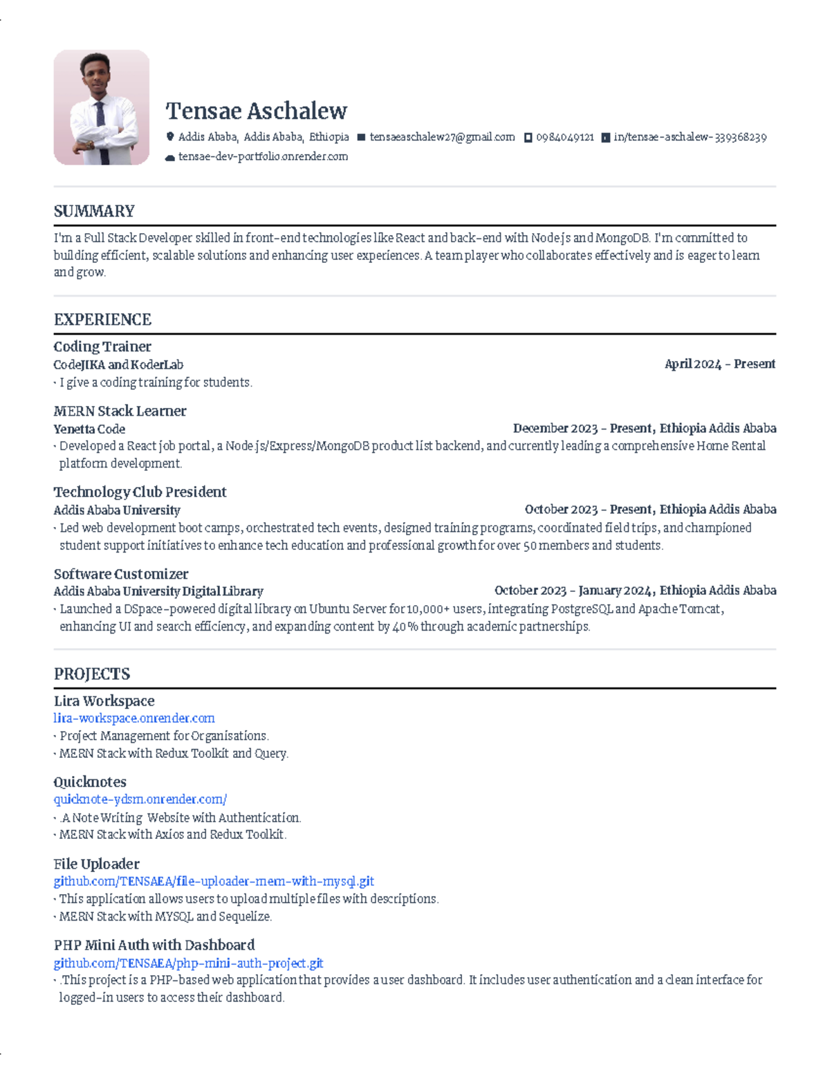 Tensae Resume Updated - good - . . Tensae Aschalew Addis Ababa, Addis ...