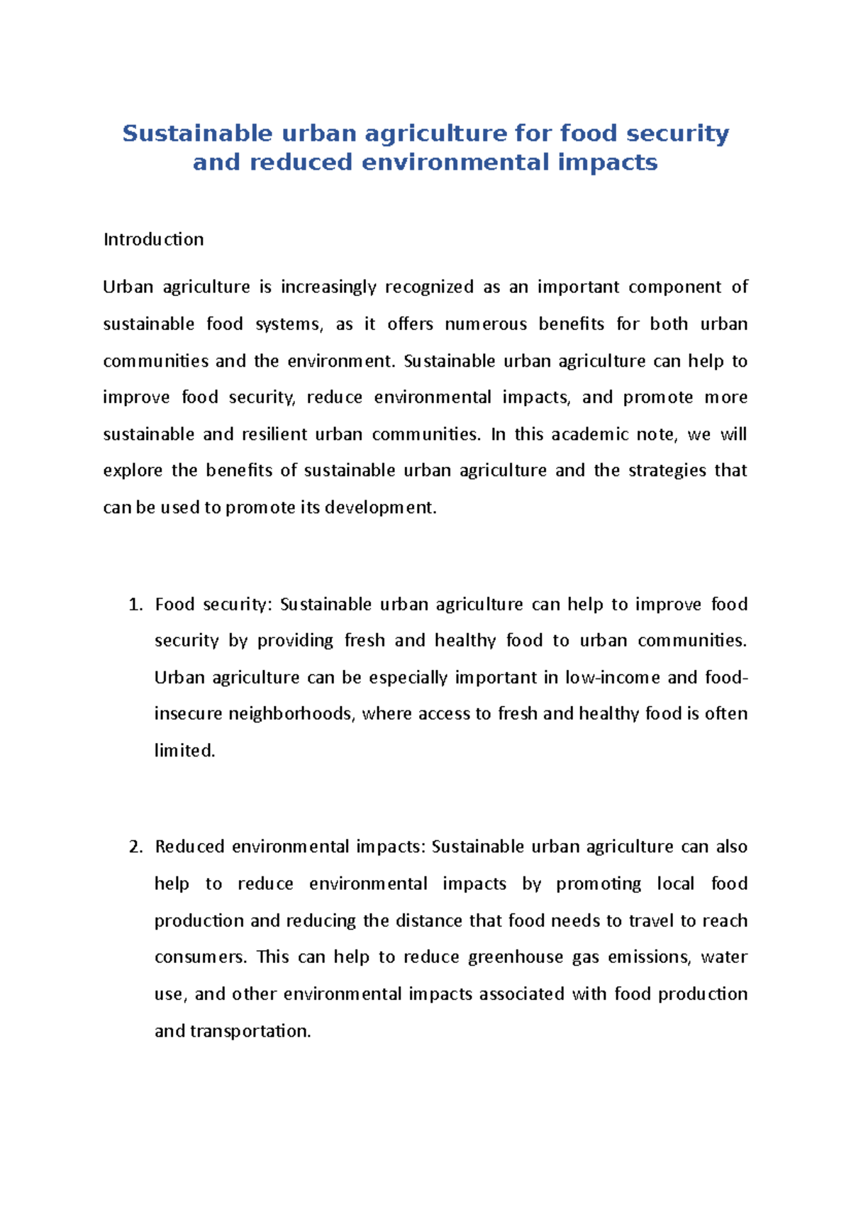 Sustainable urban agriculture for food security and reduced ...