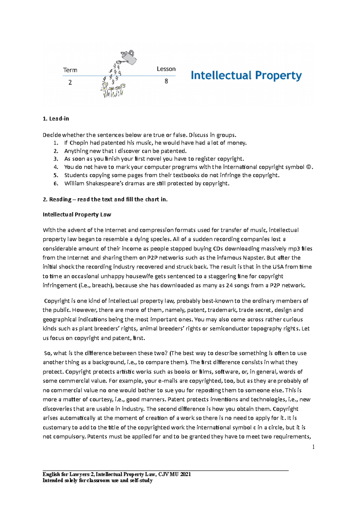Lesson 08 Intellectual Property Law - 1. Lead-in Decide whether the ...