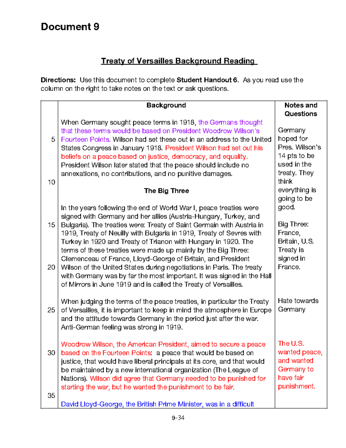 Document 9 10 - Treaty of Versailles Background Reading Directions: Use ...