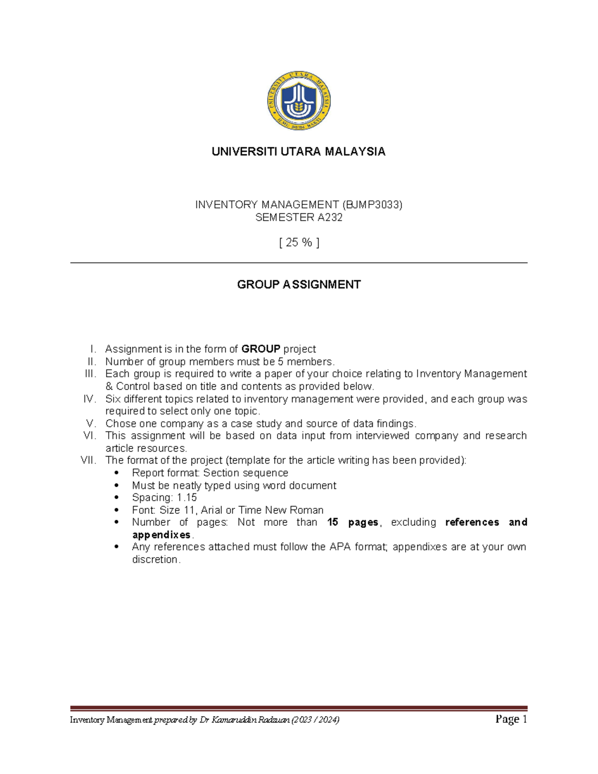 BJMP 3033 Group Assignment Guideline A232 - UNIVERSITI UTARA MALAYSIA INVENTORY MANAGEMENT - Studocu