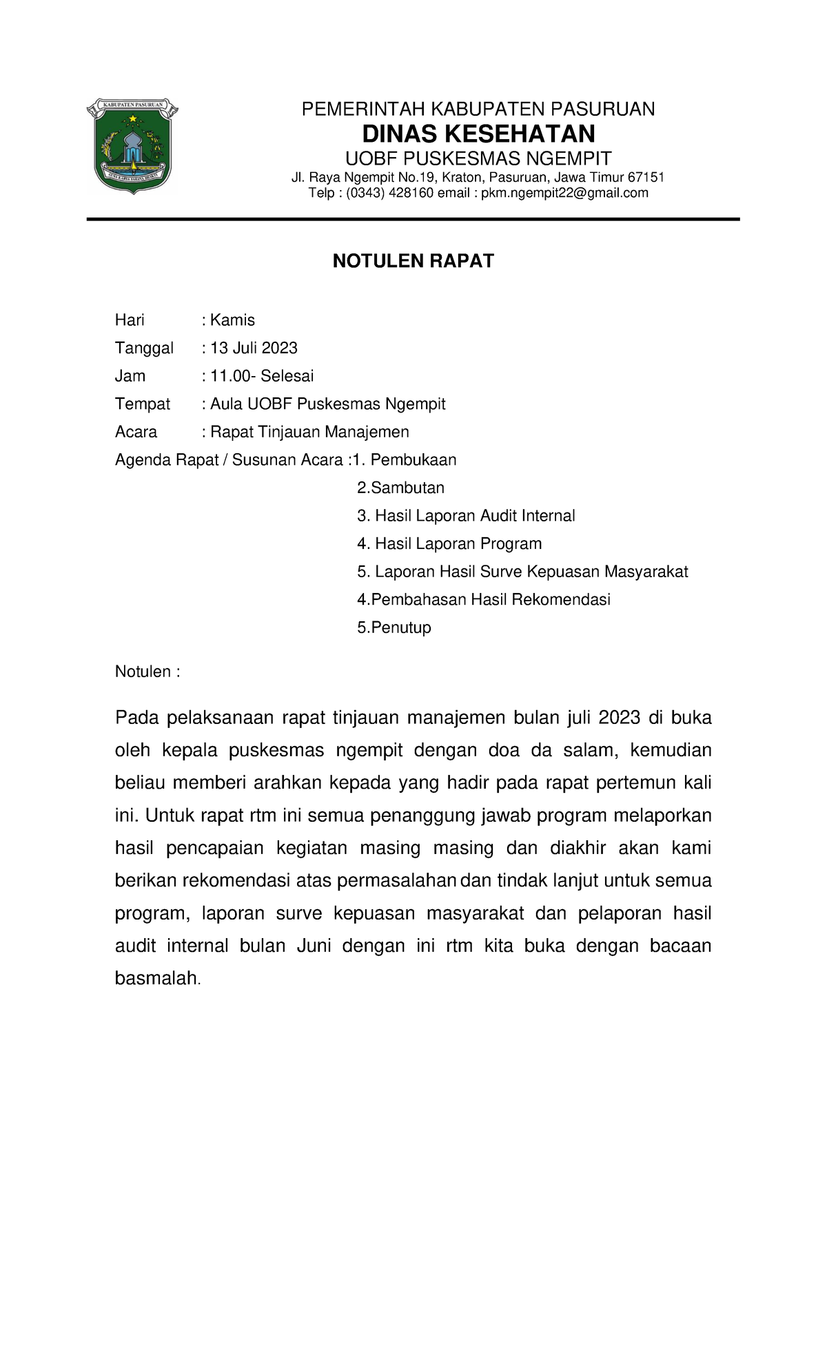 RTM JULI 2023 - MANAJEMEN MUTU NOTULEN - NOTULEN RAPAT Hari : Kamis ...