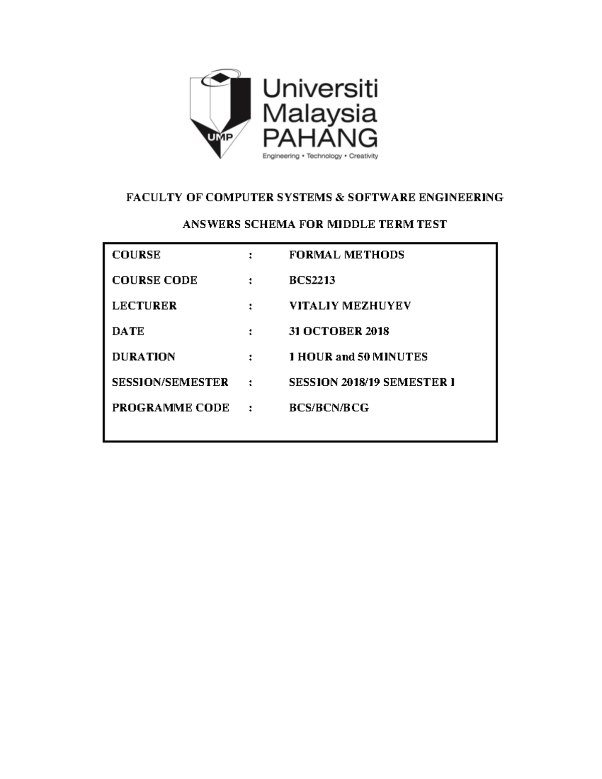 BCS2213 - Middle Term Test Sem 2 2021 - COURSE : FORMAL METHODS COURSE ...