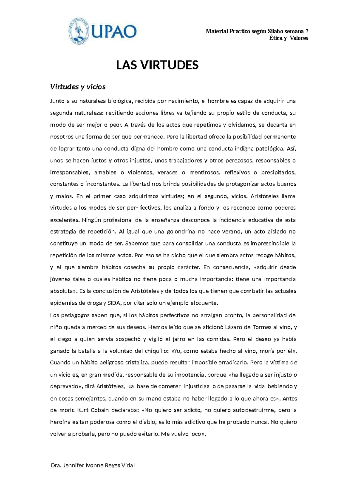 Lectura 7 - LAS Virtudes las virtudes - Material Practico según Silabo ...
