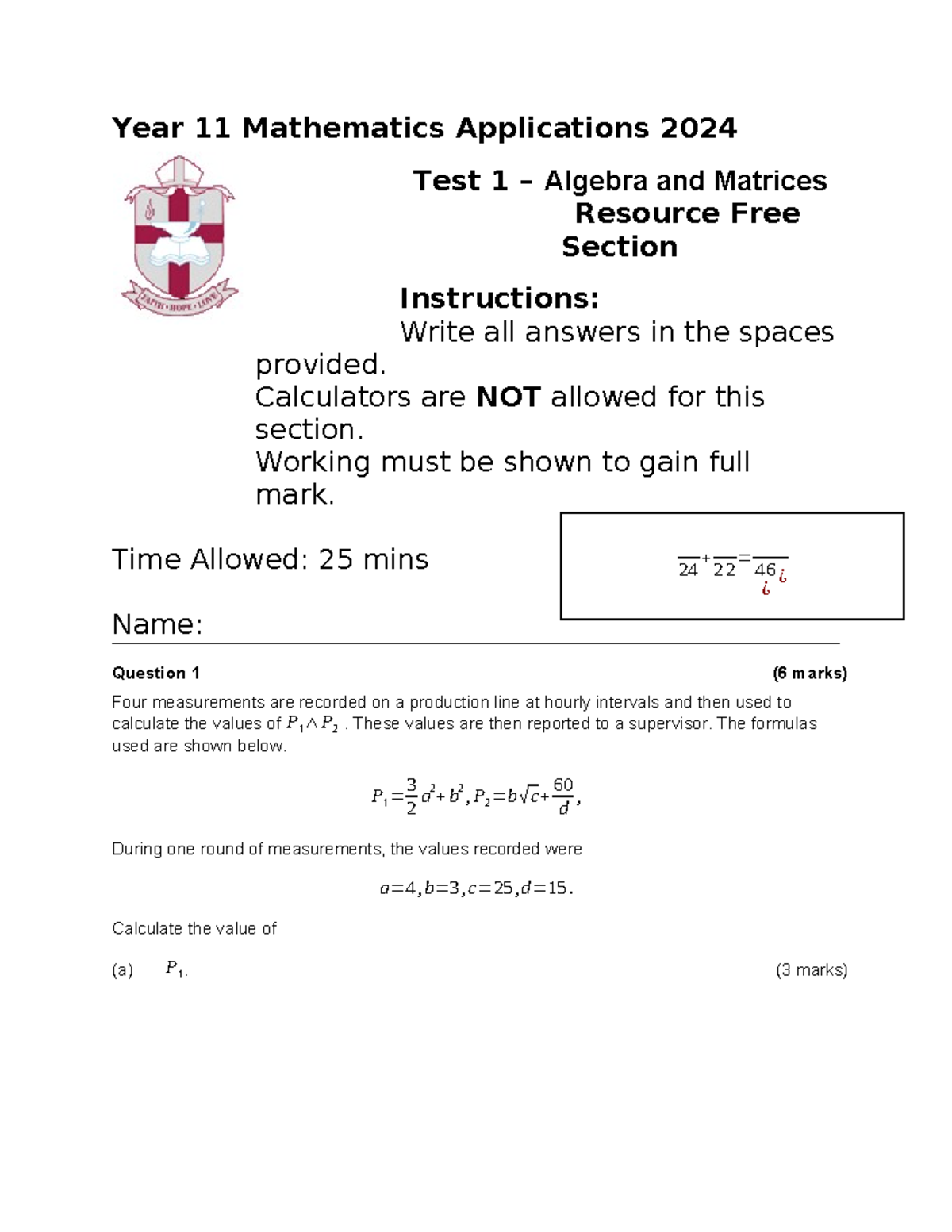 Test 1 Resource Free Section 2024 - Year 11 Mathematics Applications ...