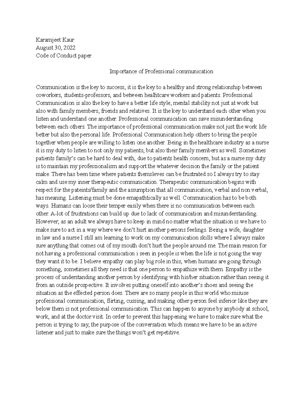 Code of conduct paper - Karamjeet Kaur August 30, 2022 Code of Conduct ...