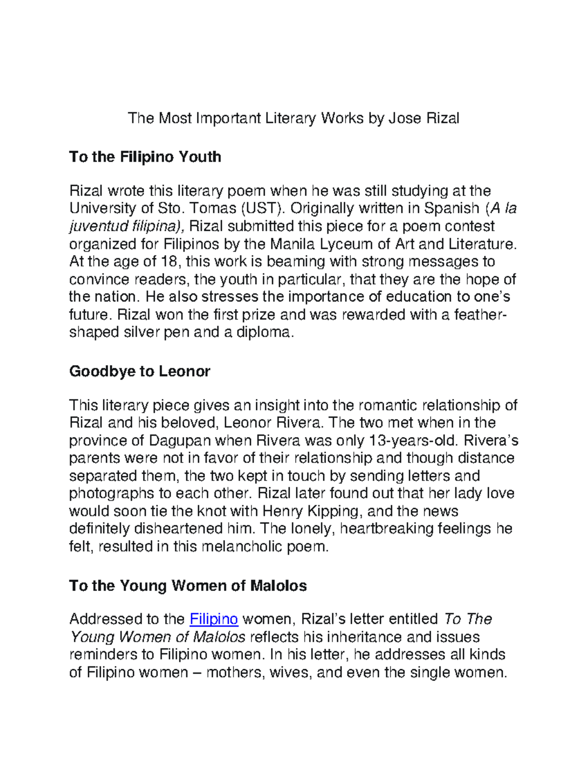 The Most Important Literary Works by Jose Rizal - Tomas (UST ...