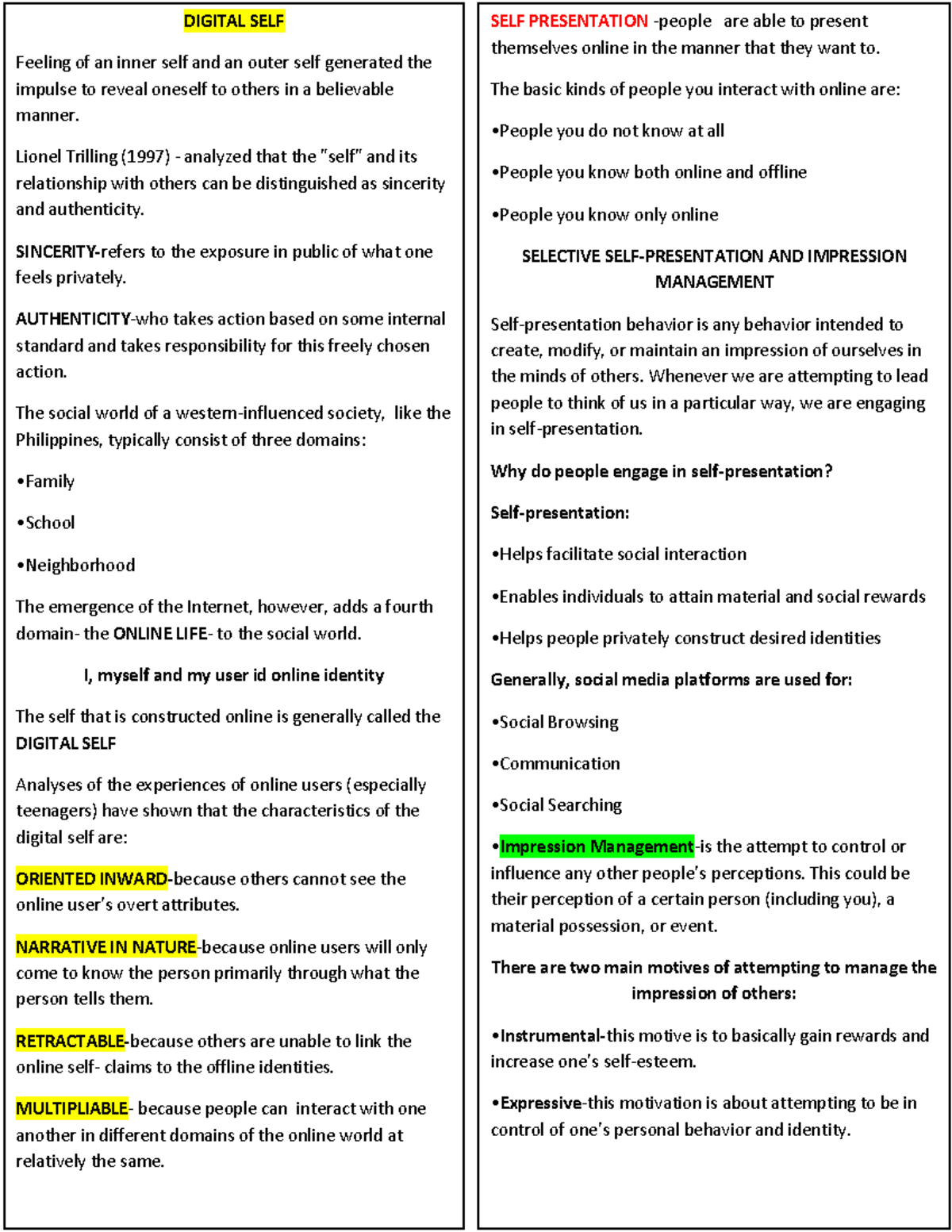 UTS- Final Reviewer - DIGITAL SELF Feeling of an inner self and an ...