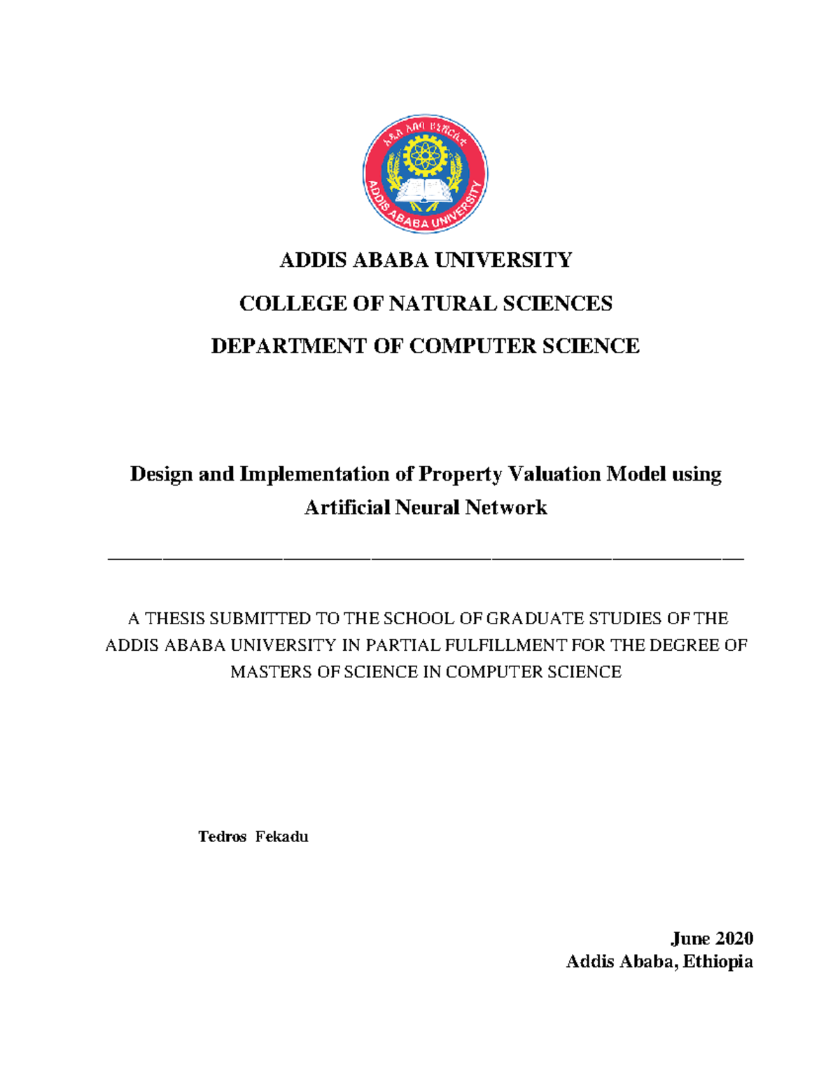 Tedros Fekadu 2020 - Thesis - ADDIS ABABA UNIVERSITY COLLEGE OF NATURAL ...