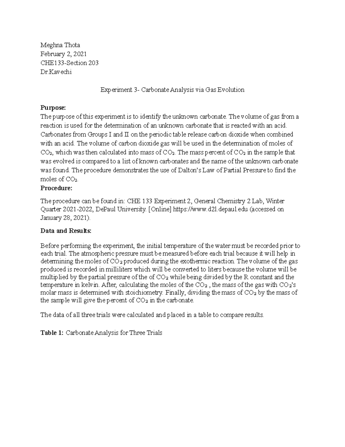 CHE 133 EXPT 3 - LAB REPORT - Meghna Thota February 2, 2021 CHE133 ...