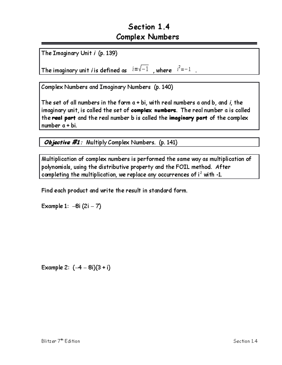 Lesson 21-Complex Numbers - Section 1. Complex Numbers The Imaginary ...