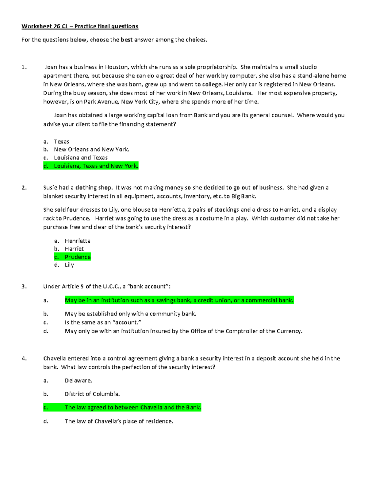 Commercial Law Practice Questions Worksheets - JD Kirby - Fall 2020 ...