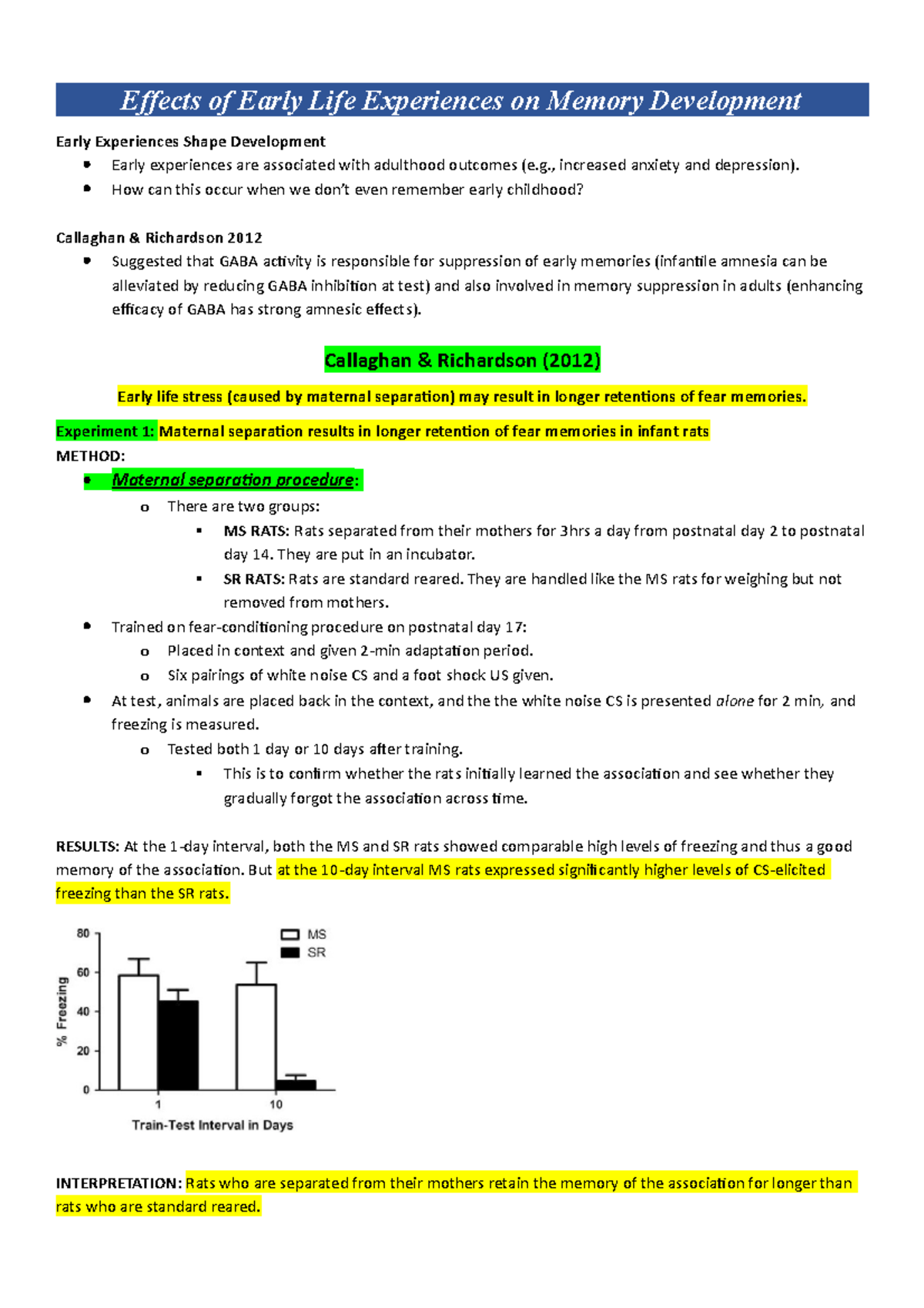 PSYC3241 Final Exam Notes - Effects of Early Life Experiences on Memory ...